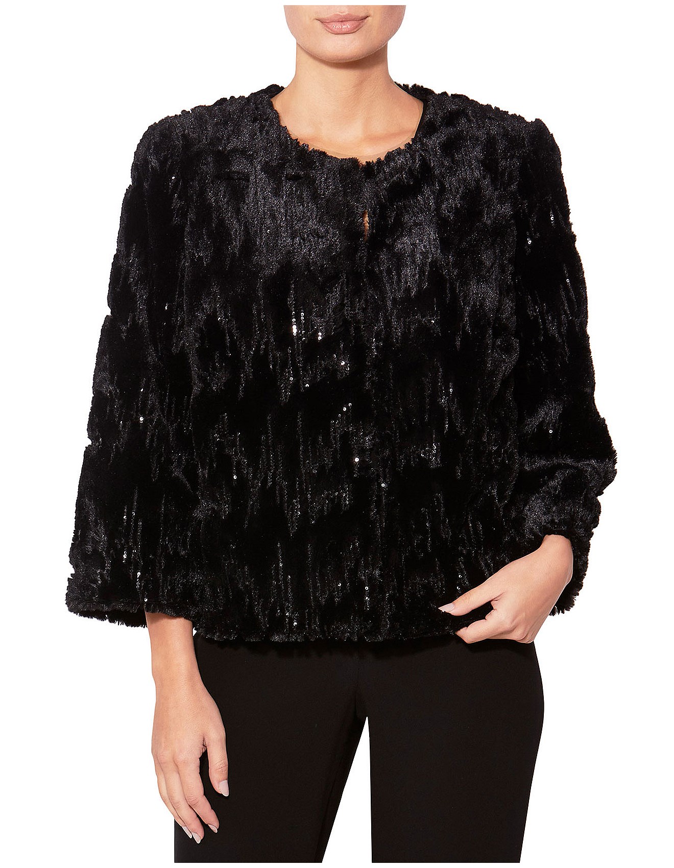 Anthea Crawford Black Sequin Faux Fur Jacket | David Jones