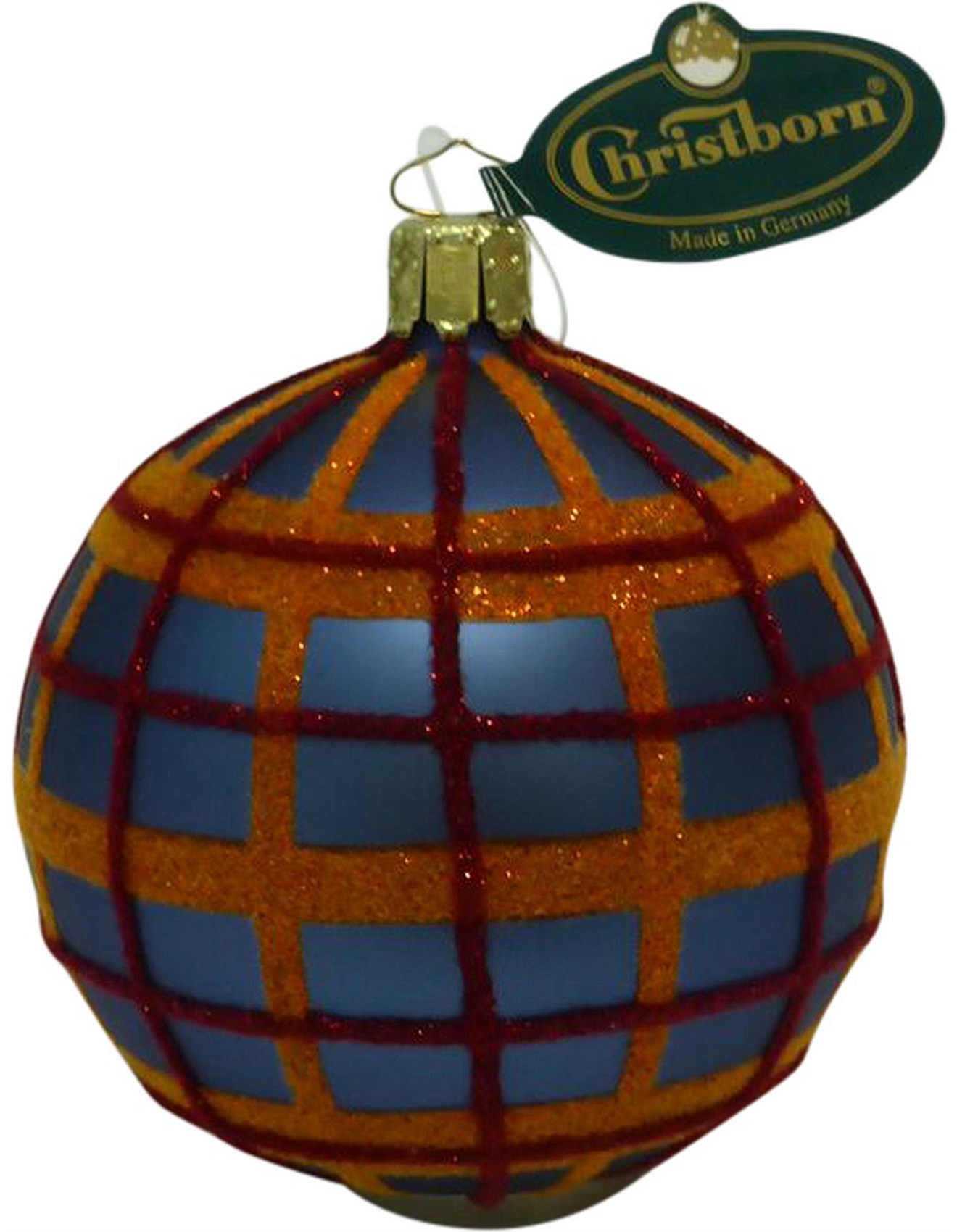 Christborn 8cm Hand Decorated Check On Blue Glass Bauble | David Jones