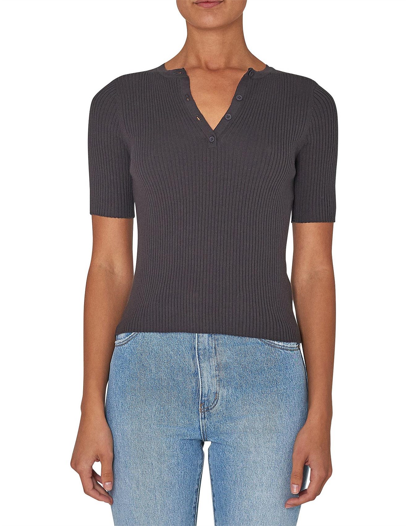 Rollas Tight Henley Black Rib Top | David Jones