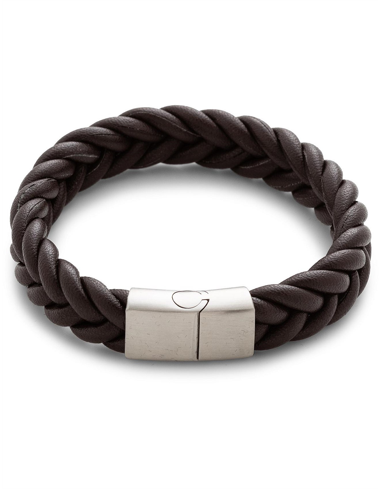 Alta Linea Stainless Steel Brown Platted Leather Bracelet | David Jones