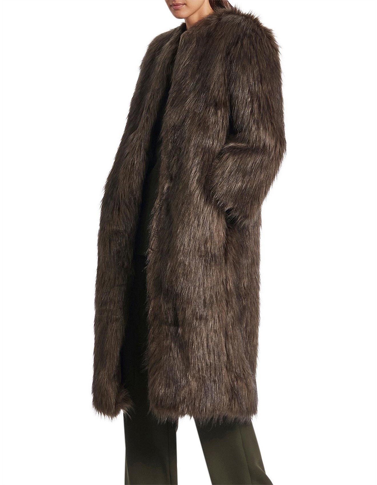 Carla Zampatti Olive Faux Fur Hug Me Coat | David Jones