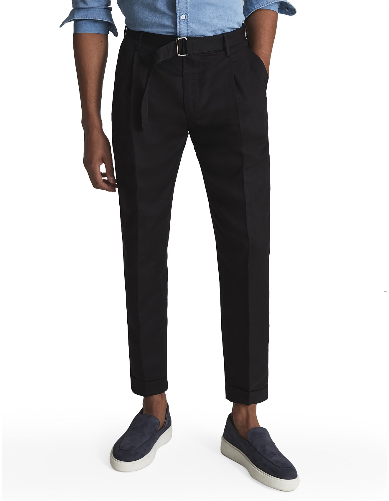 Reiss Crease Linen Belted Tapered Trousers | David Jones