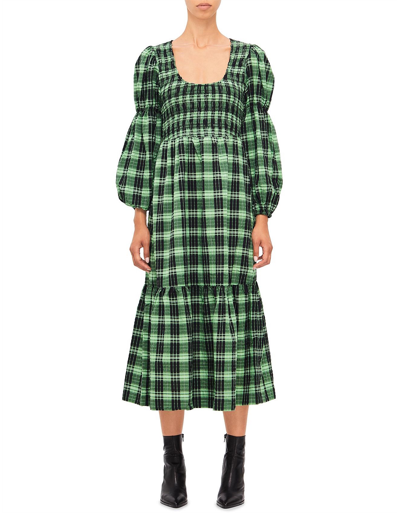 Ganni Seersucker Check U-neck Maxi Smock Dress | David Jones