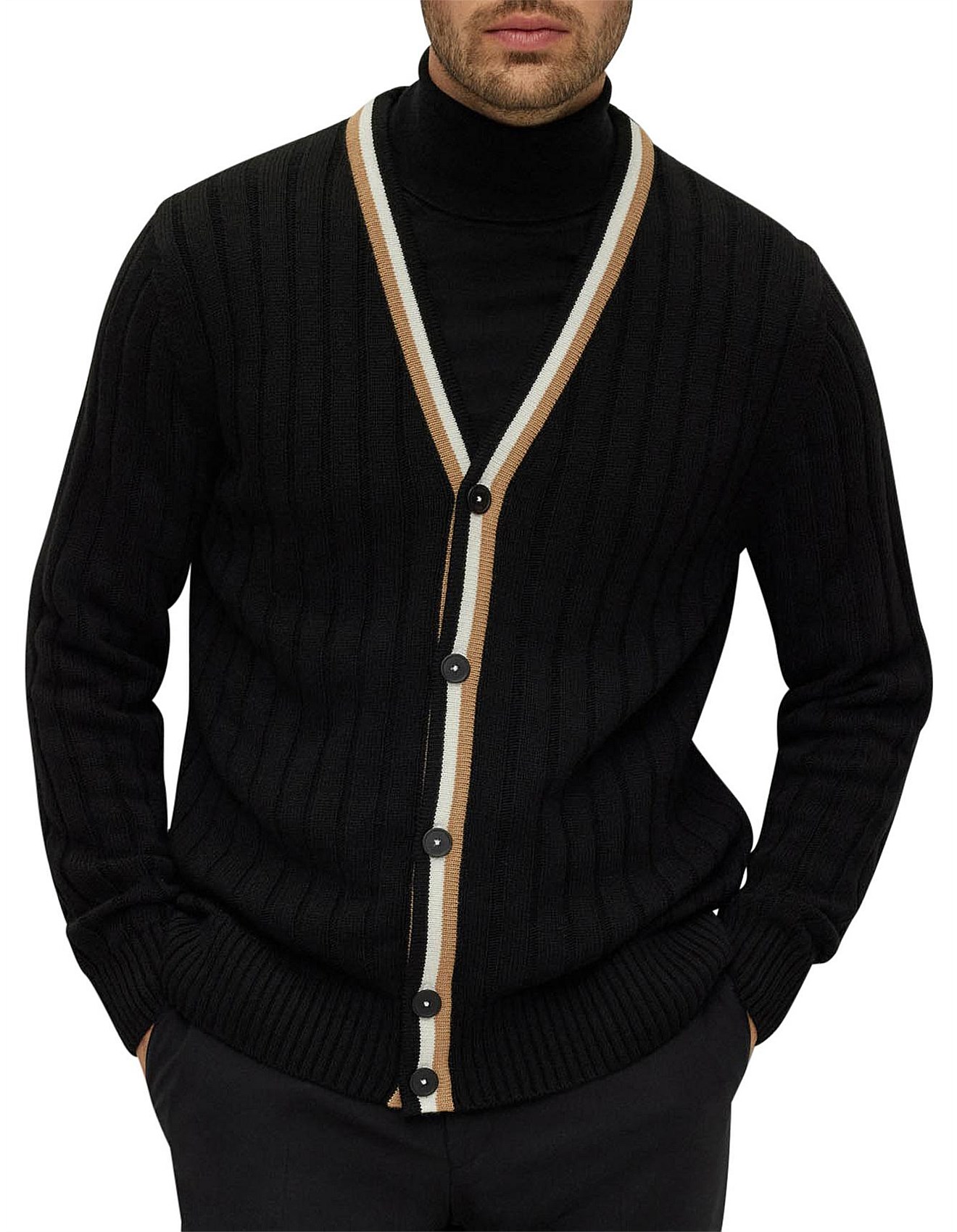 Boss Relaxed-fit Ribbed Cardigan With Signature-stripe Trim | David Jones