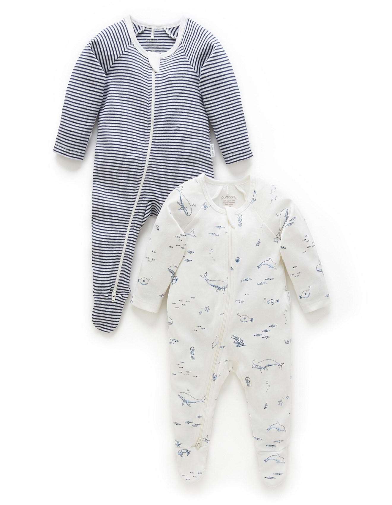 Purebaby Essentials 2 Pack Zip Growsuit | David Jones