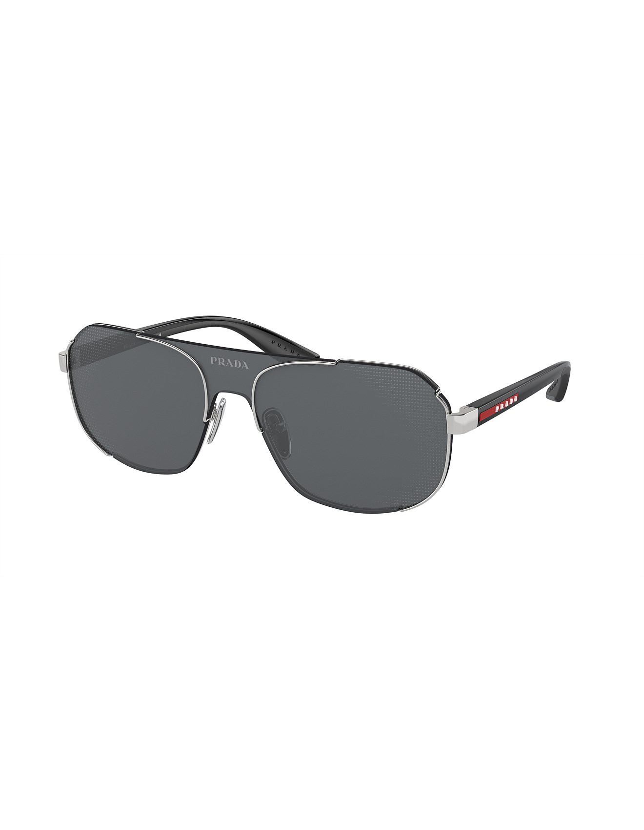 Prada Rectangle Silver Grey Mirror Black Male Sunglass | David Jones