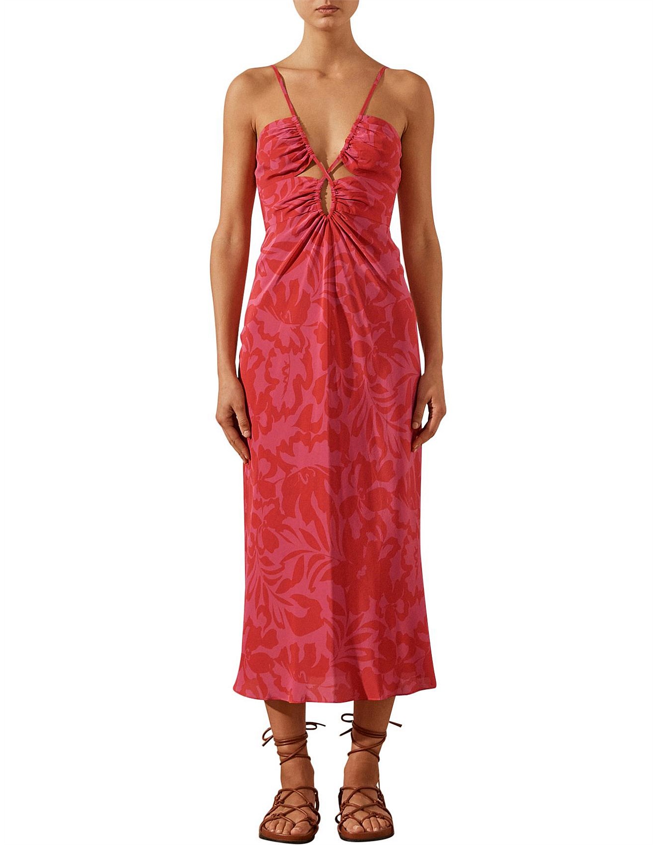 Shona Joy Portea Keyhole Lace Front Midi Dress Pink | David Jones