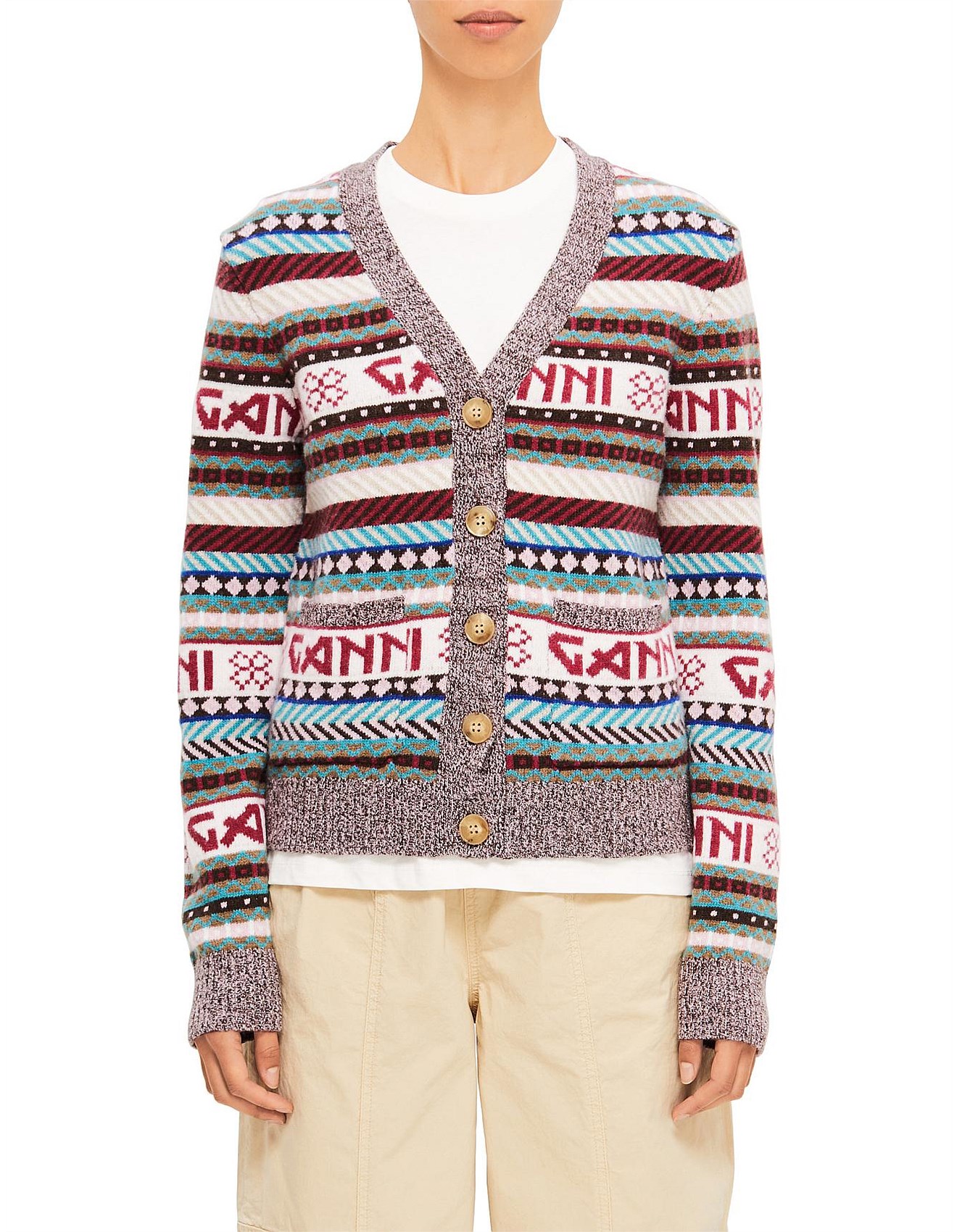 Ganni Logo Wool Mix Cardigan | David Jones