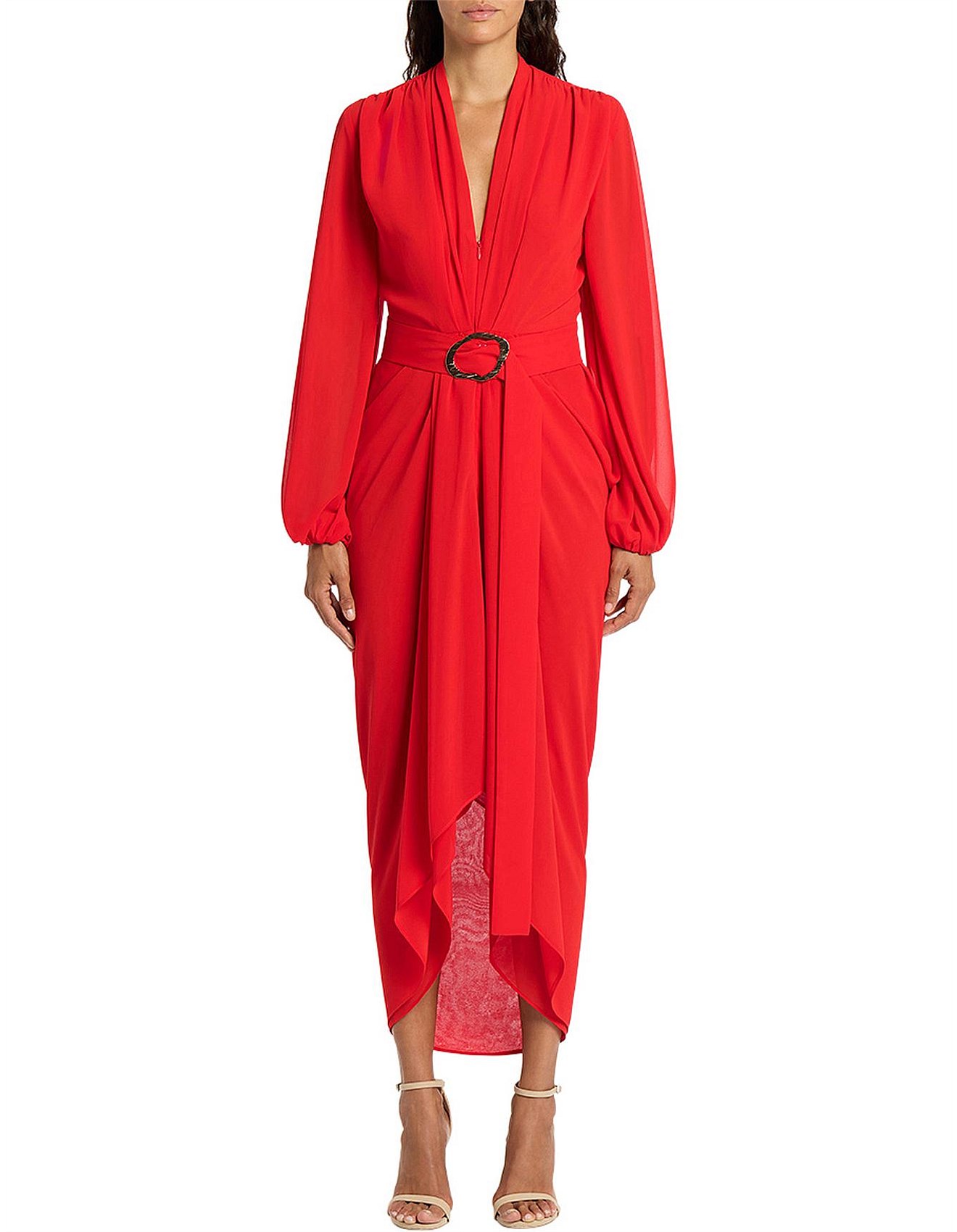 Carla Zampatti Red Georgette Waterfall Dress | David Jones