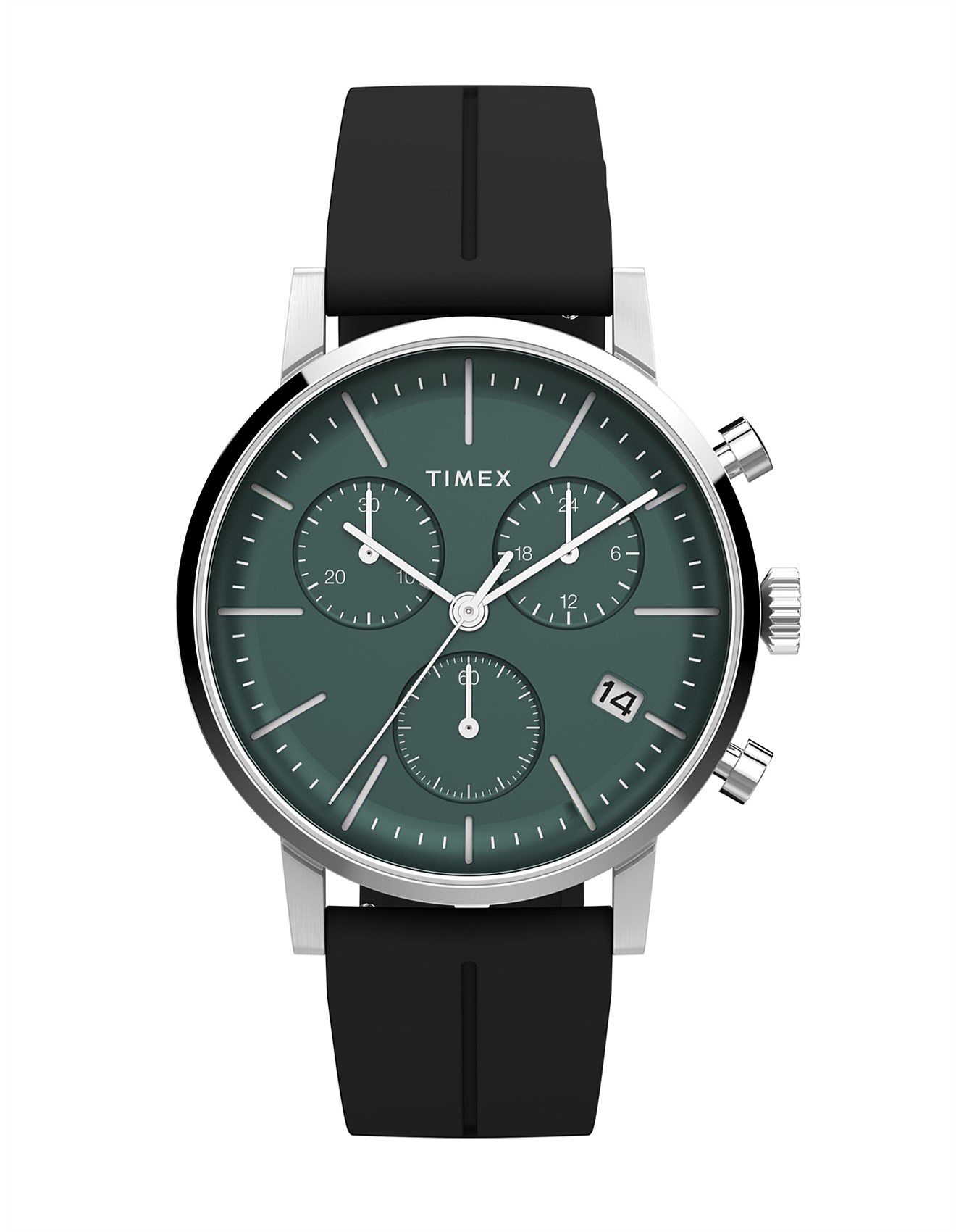 Timex Midtown Silver Case Black Leather Strap Watch | David Jones