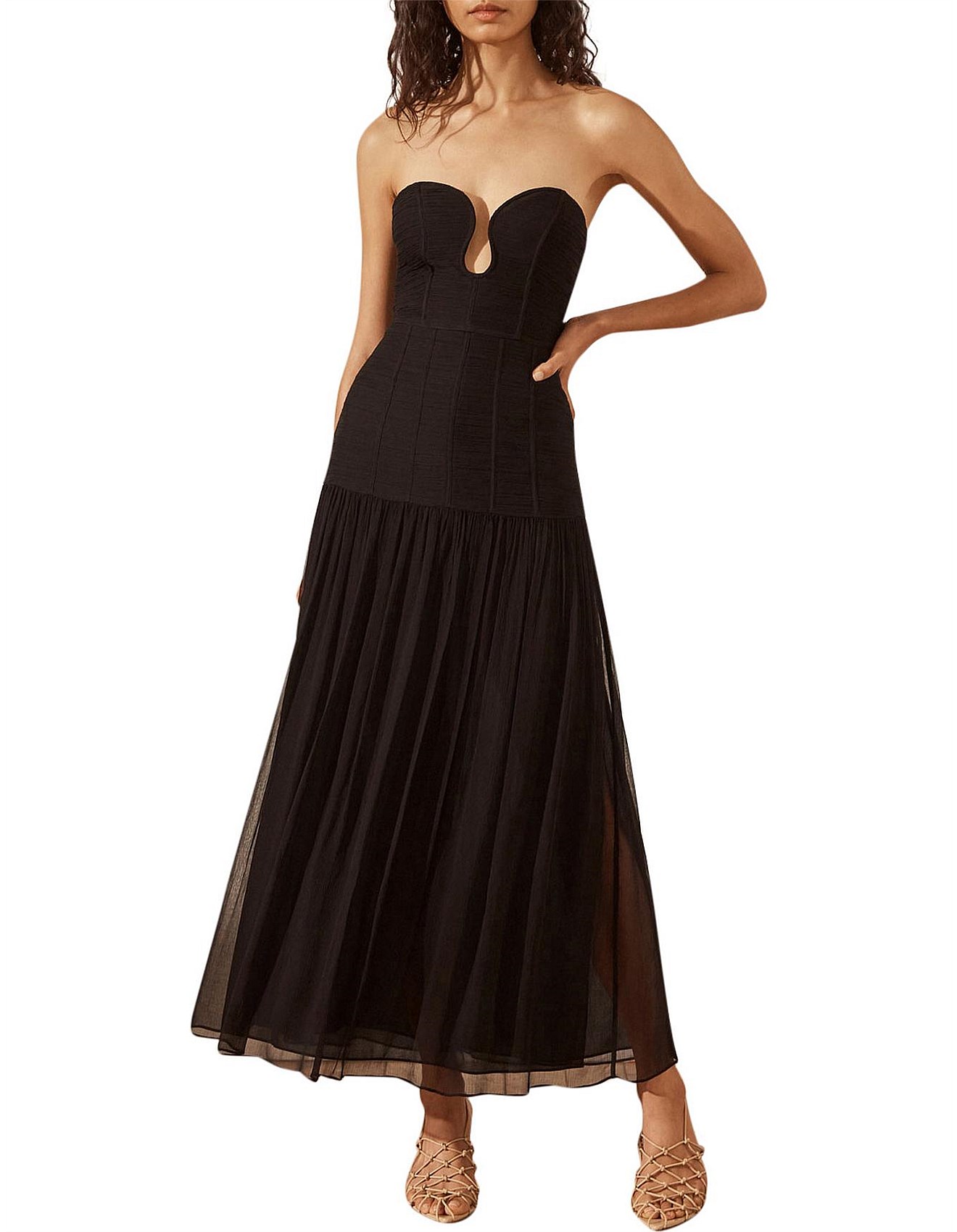 Shona Joy Isola Strapless Ruched Midi Dress Black | David Jones