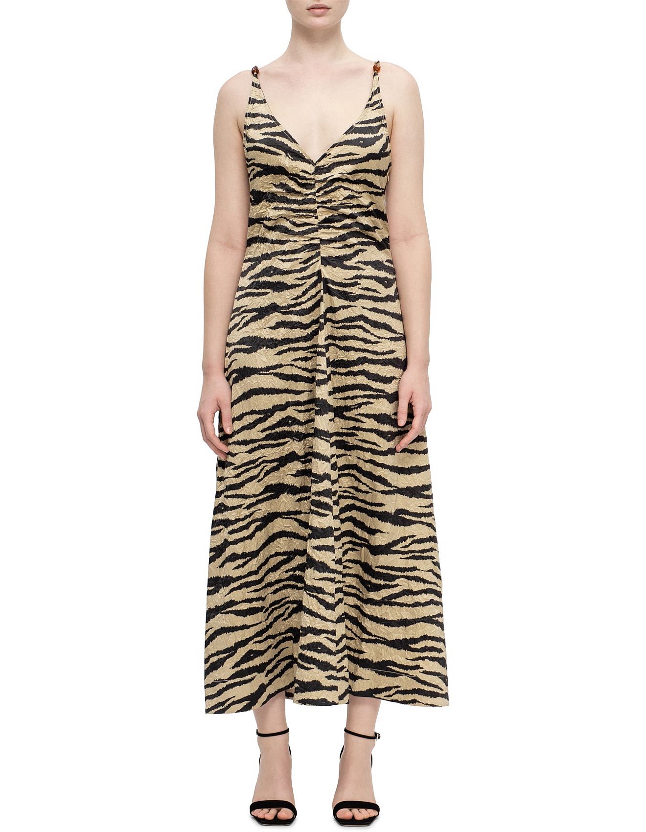 Ganni Crinkled Satin Maxi Strap Dress | David Jones