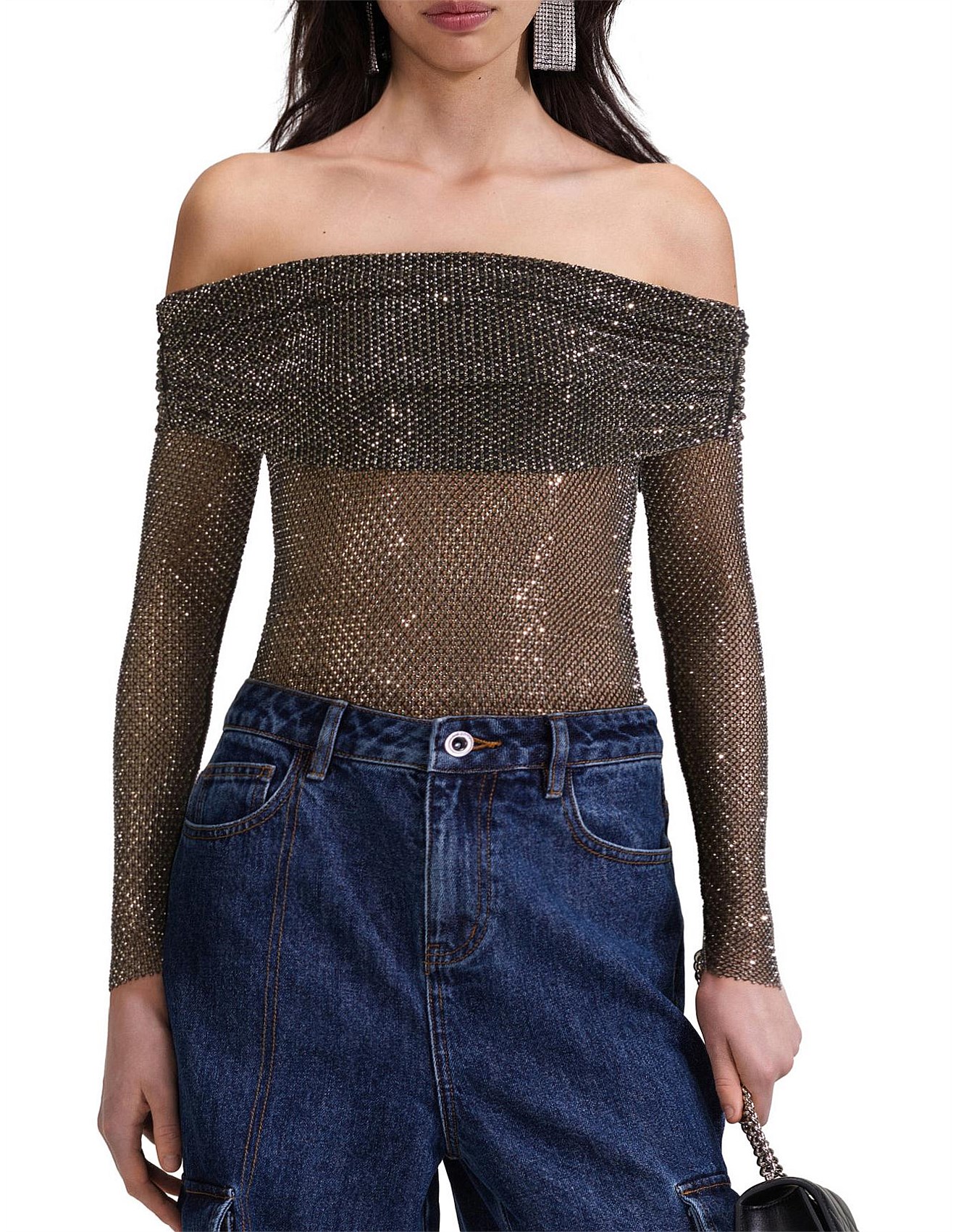 Self-portrait Black Rhinestone Fishnet Top | David Jones