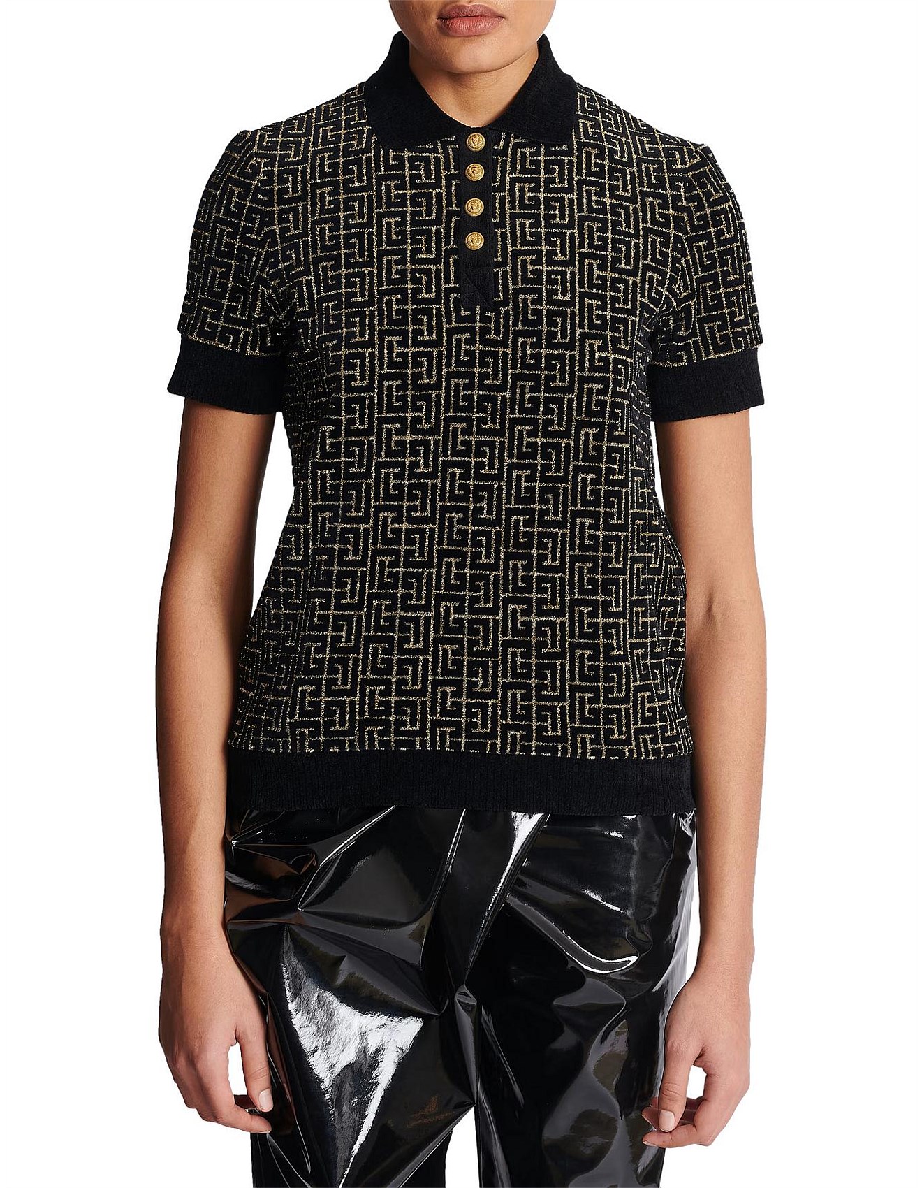 Balmain Monogrammed Velvet Jacquard Polo Shirt | David Jones