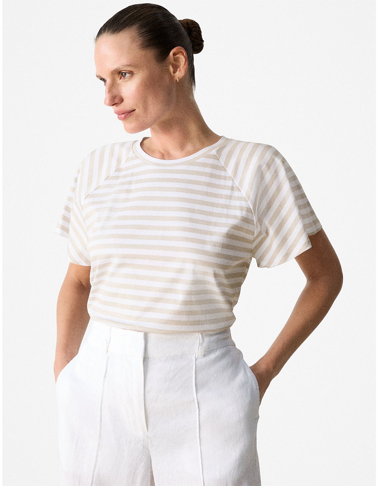 Trenery Cotton Interlock Stripe Raglan T-shirt | David Jones