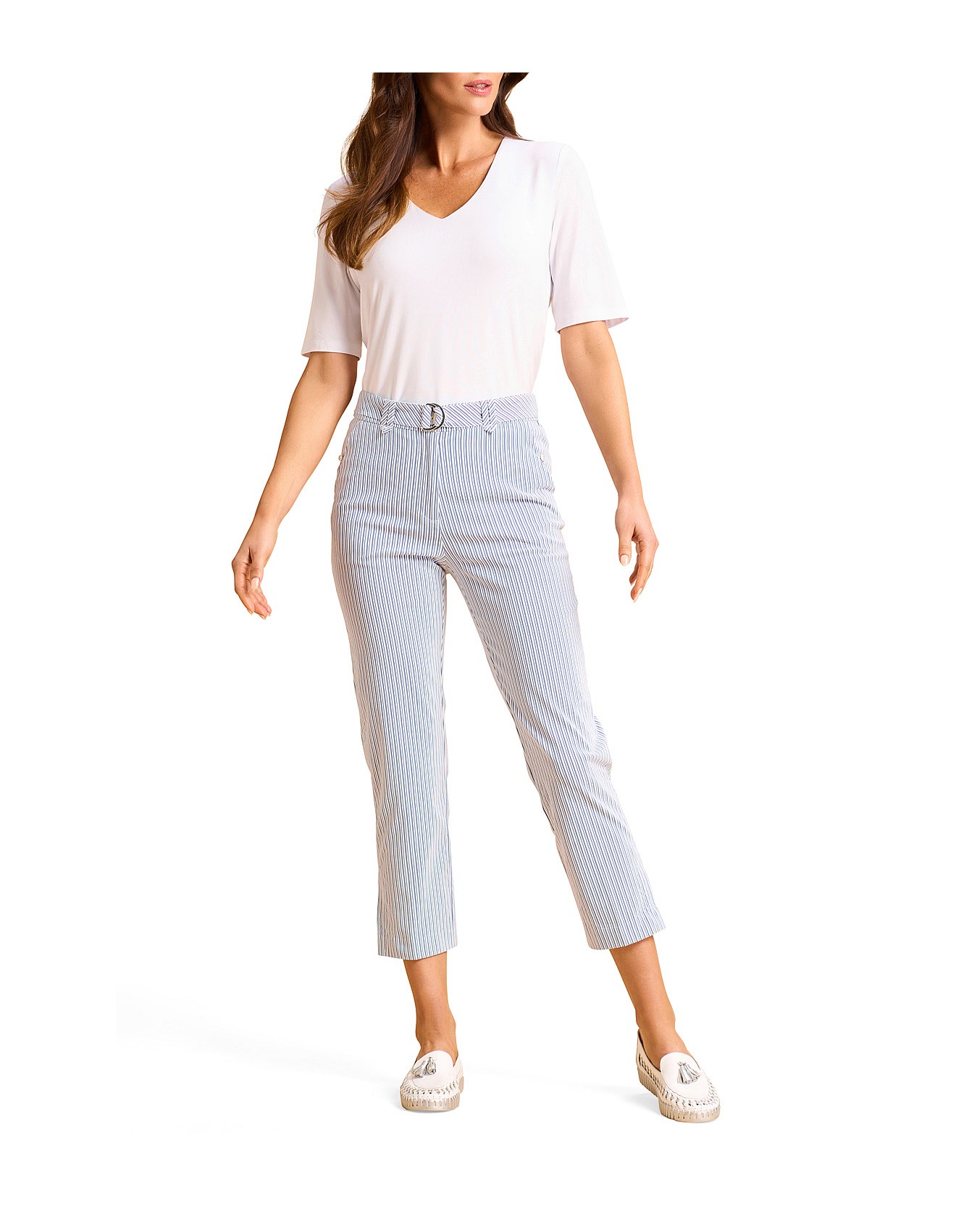 Blue Illusion Seersucker Stripe Capri Pant | David Jones