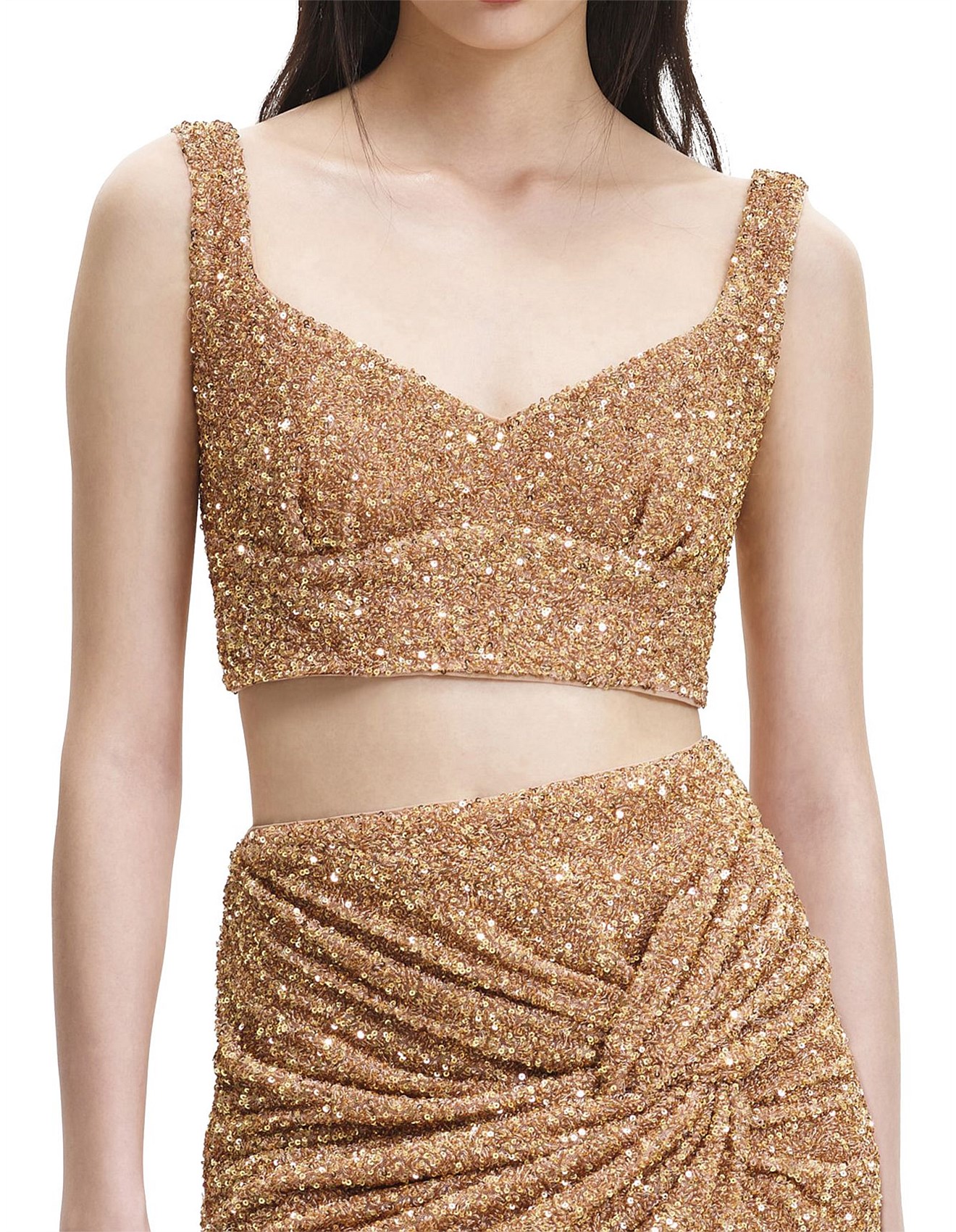 Self-portrait Gold Sequin Crop Top | David Jones