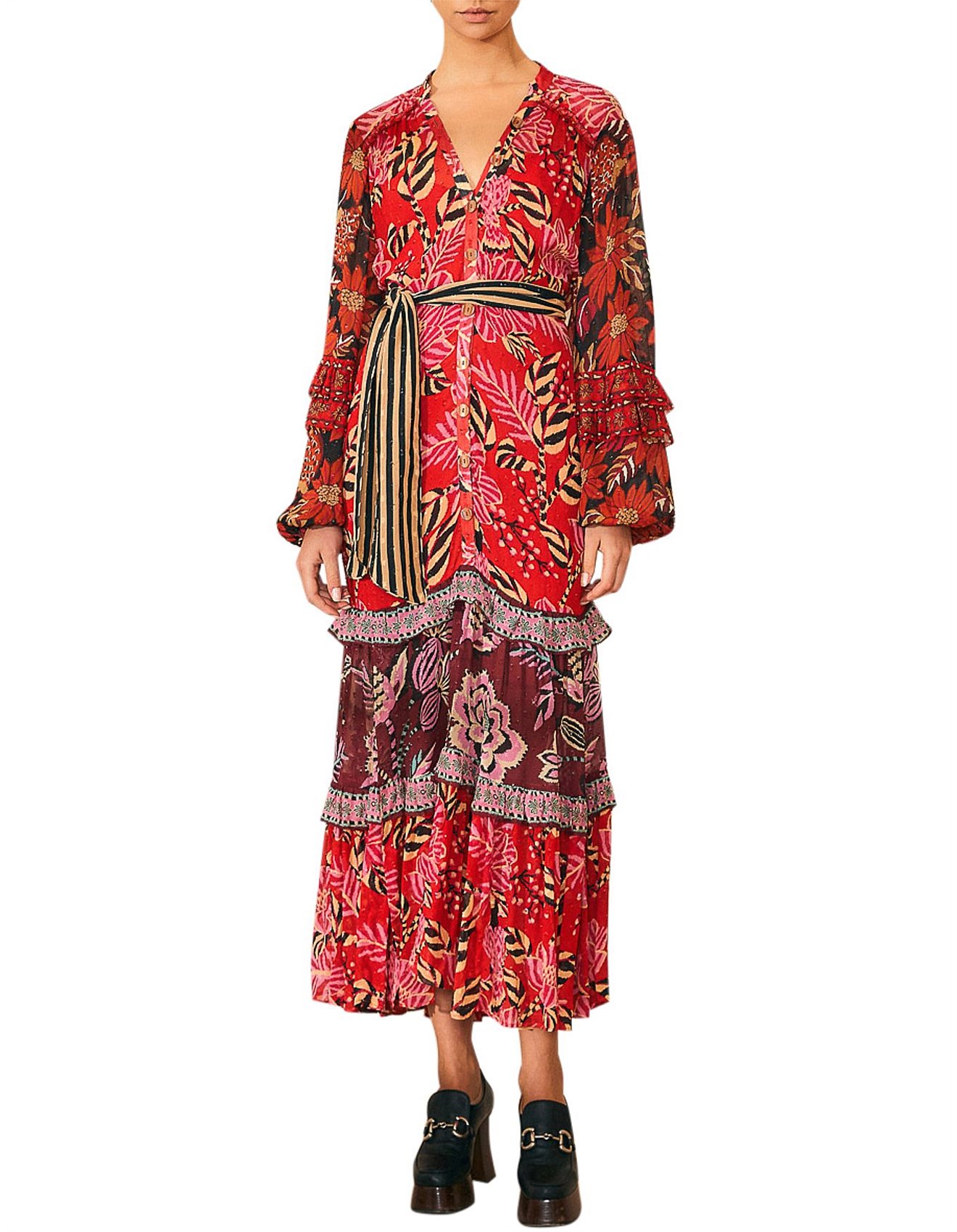 Farm Rio Mixed Floral Prints Long Sleeve Maxi Dress | David Jones