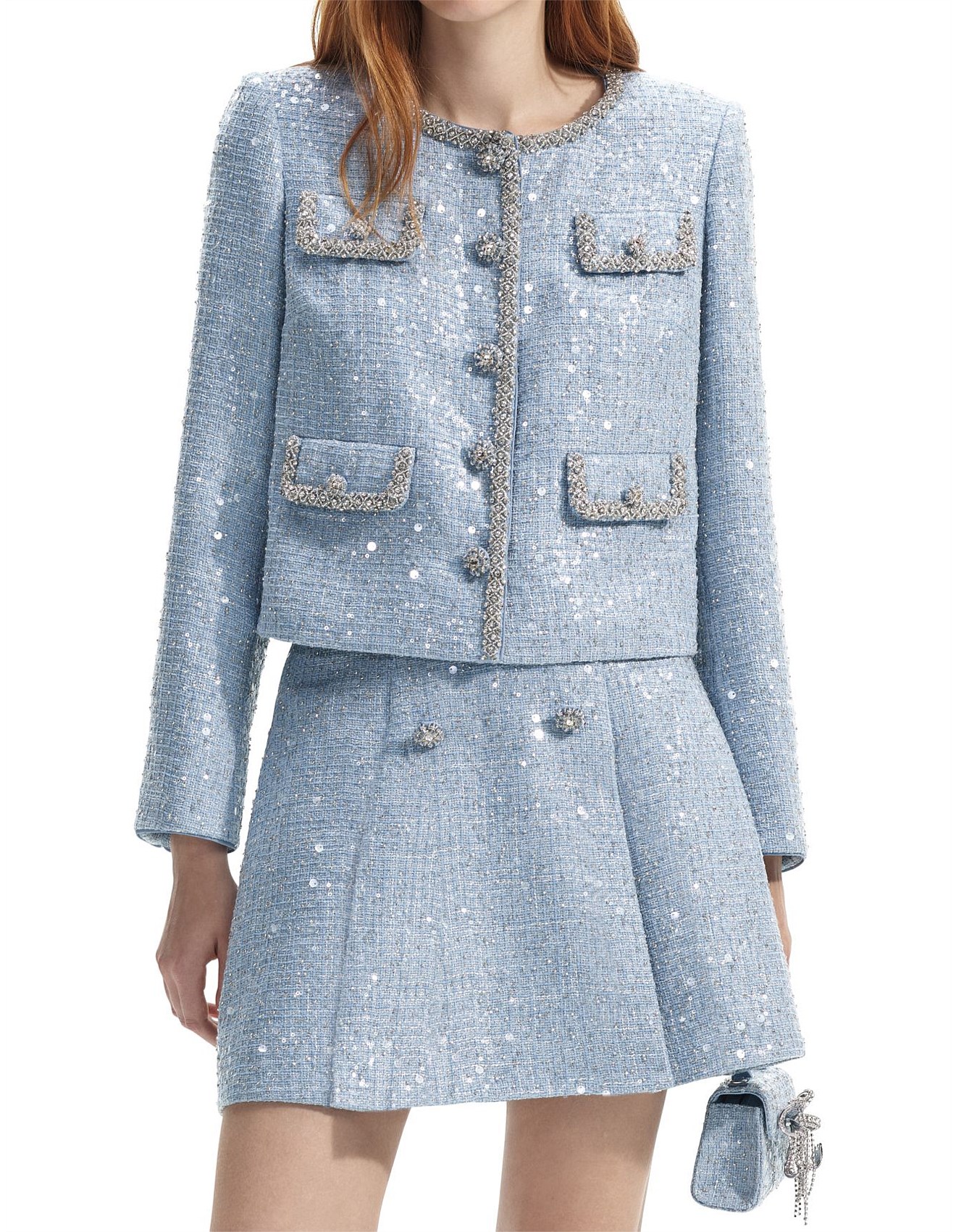 Self-portrait Blue Sequin Boucle Jacket With Diamanté Trims | David Jones