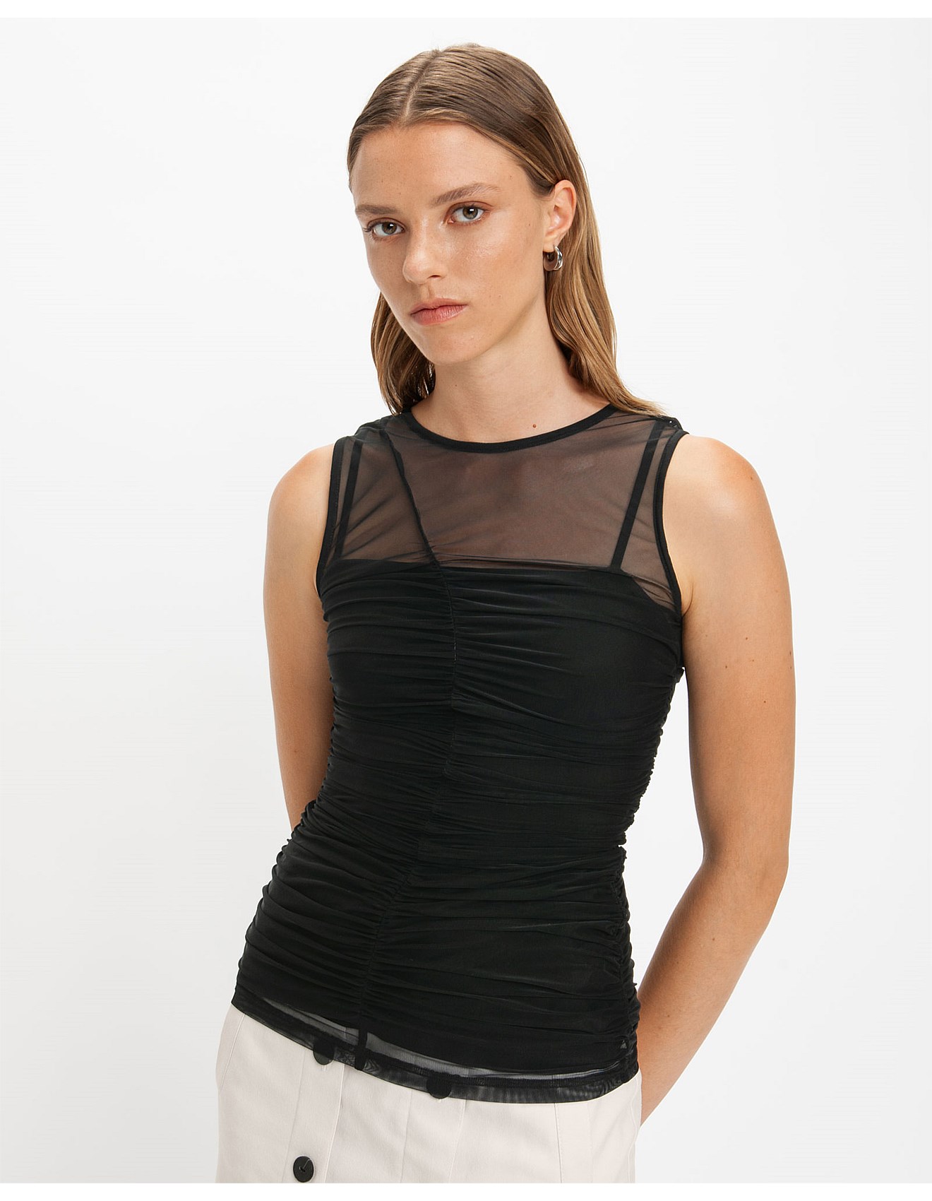 Cue Ruched Mesh Top | David Jones