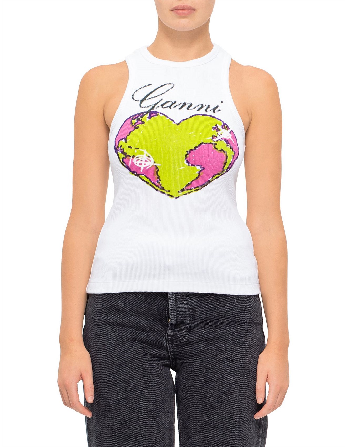 Ganni Graphic Ribbed Heart Tank Top | David Jones