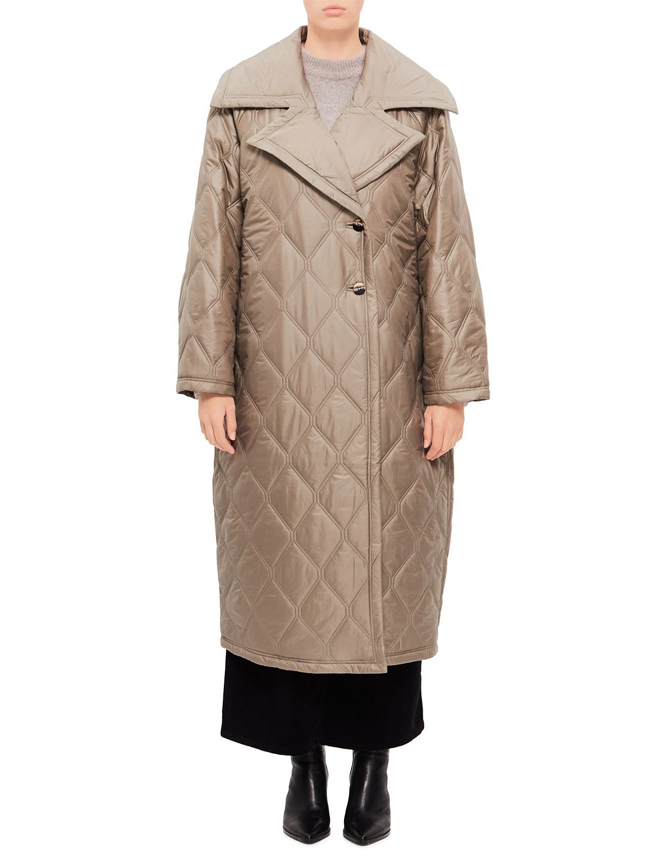 Ganni Shiny Quilt Long Coat | David Jones