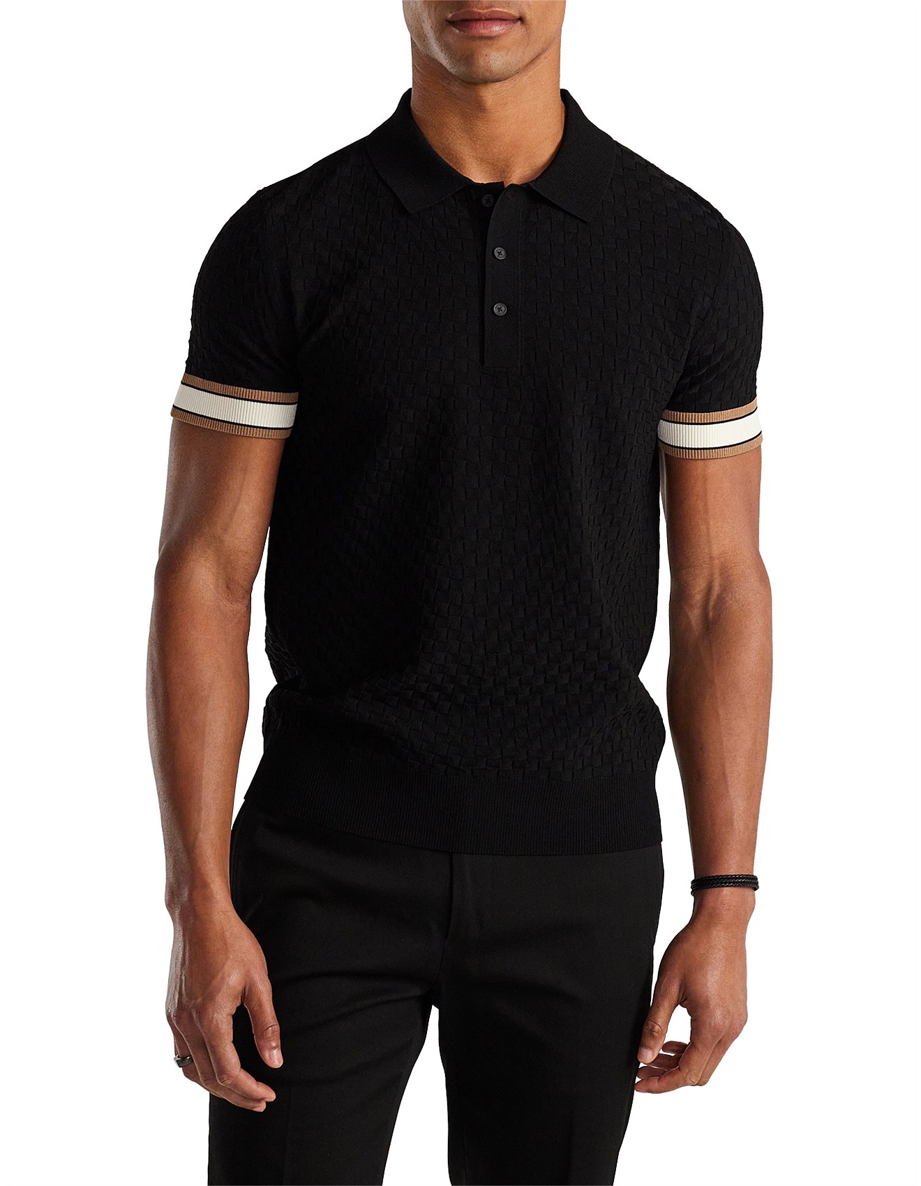 Calibre Striped Cuff Texture Knit Polo | David Jones