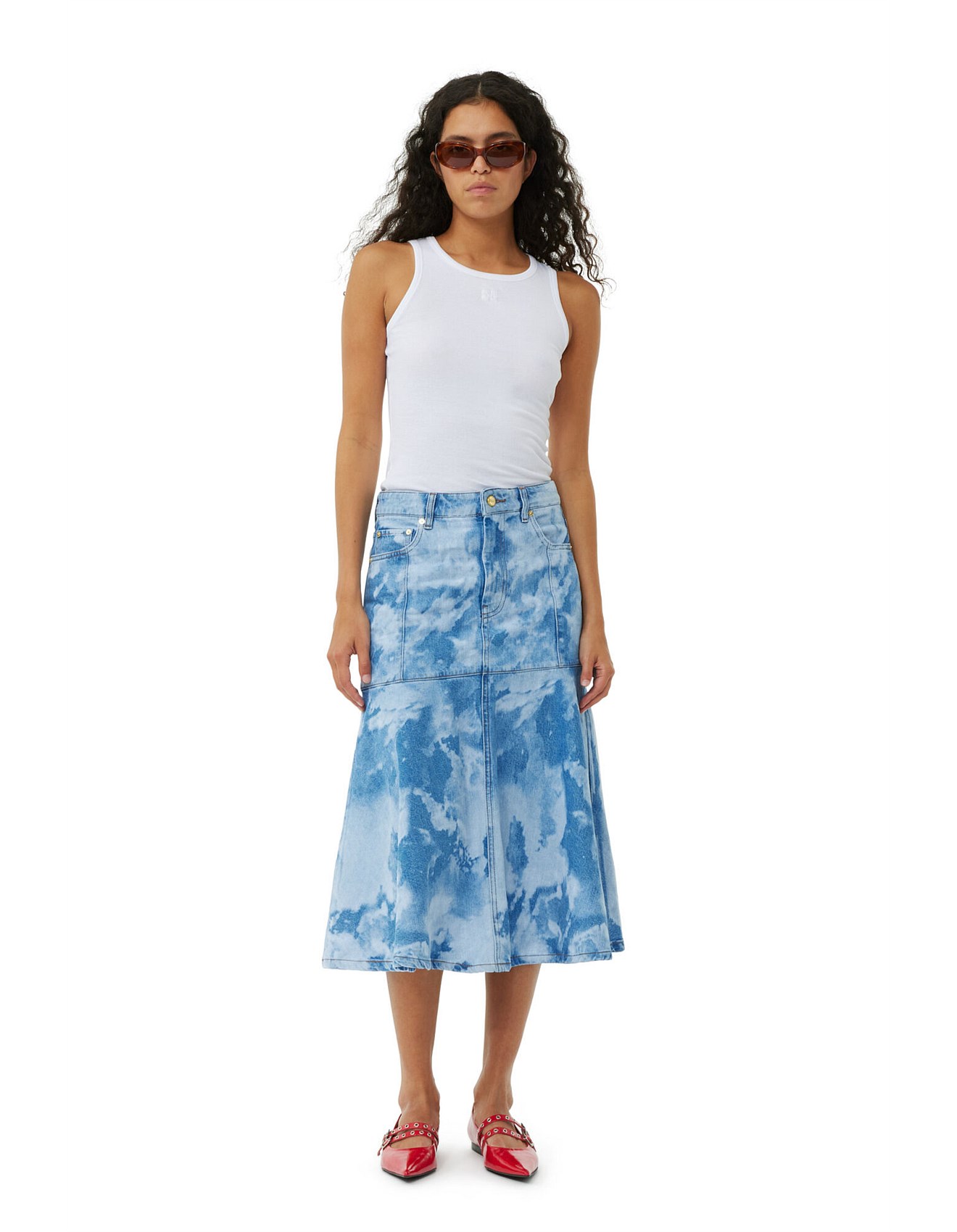 Ganni Bleached Denim Flounce Midi Skirt | David Jones