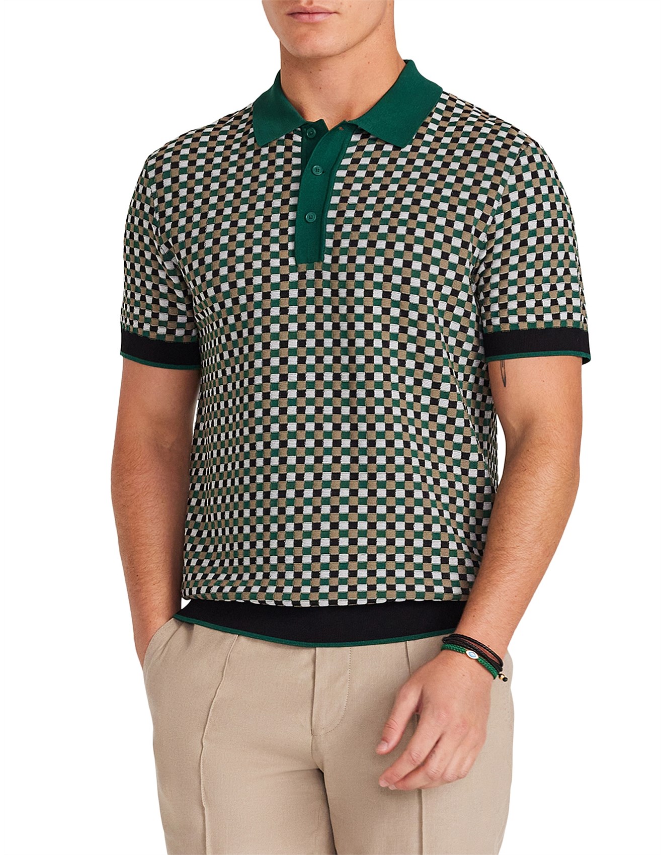Calibre Textured Check Knit Polo | David Jones
