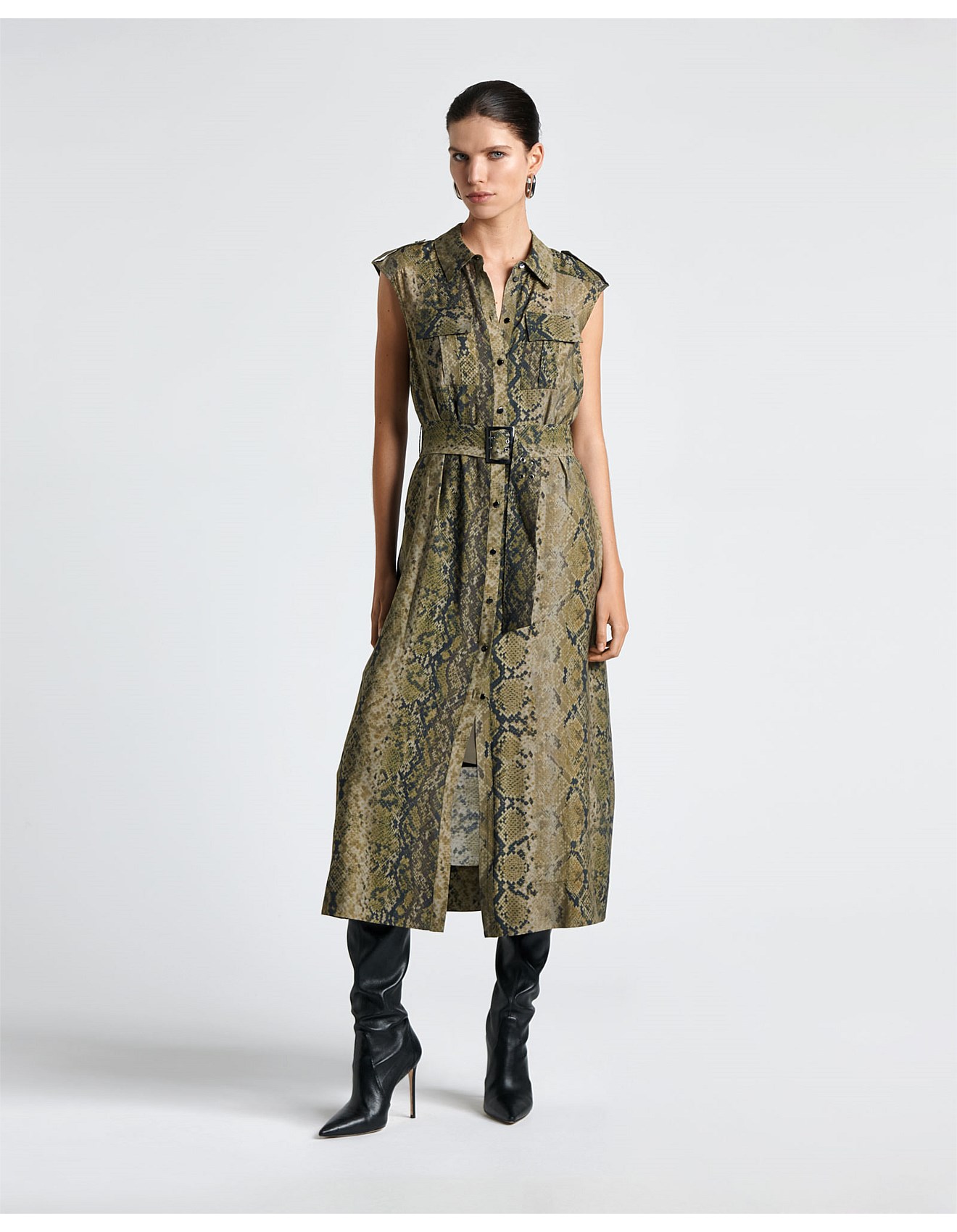 Cue Olivine Python Belted Midi Dress | David Jones