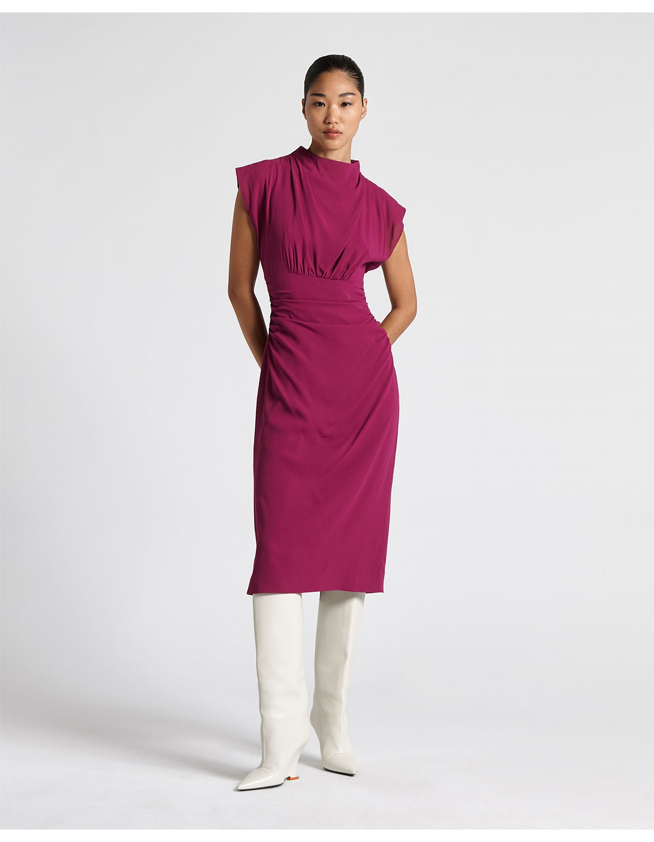 Cue Raspberry Draped Neck Midi Dress | David Jones