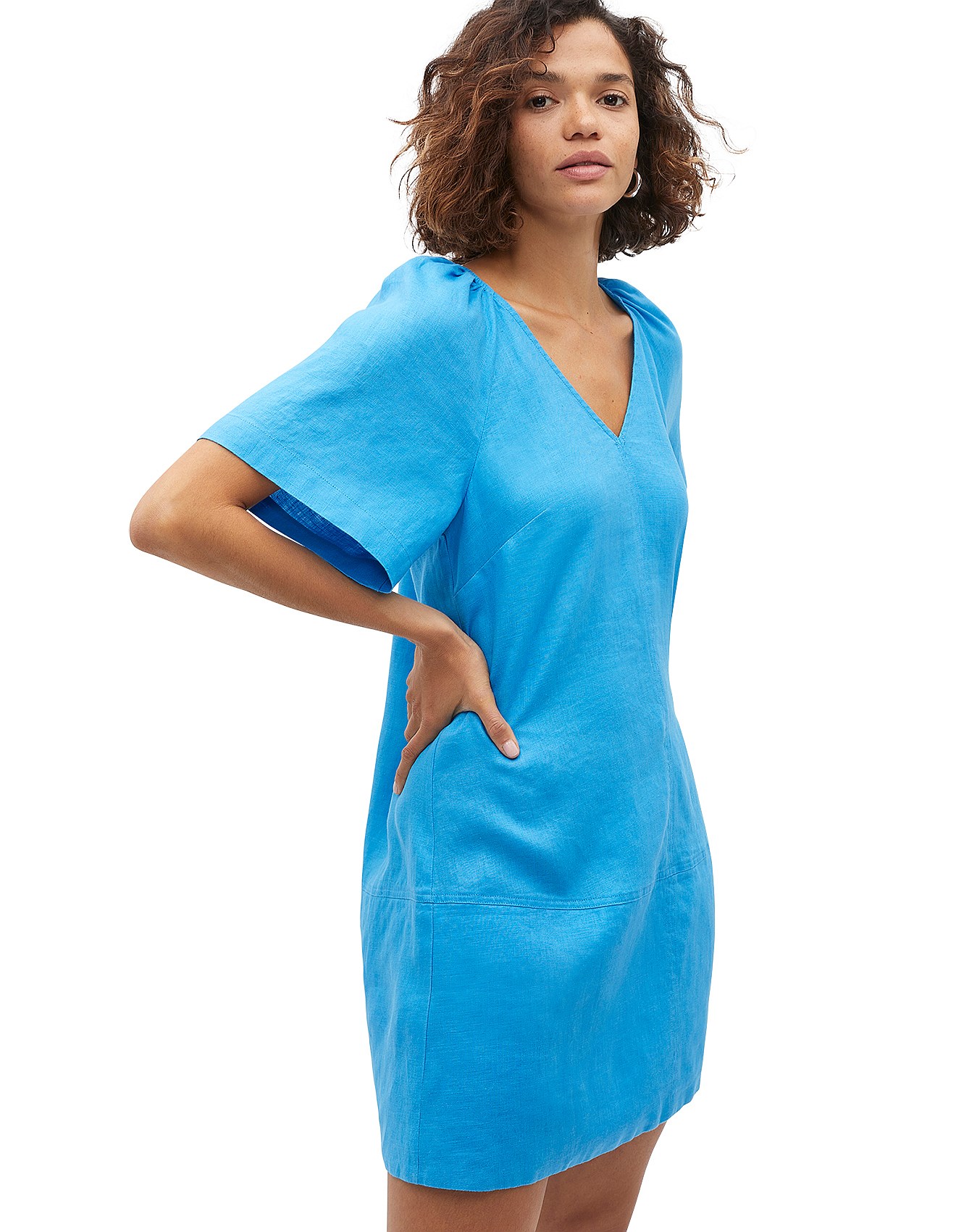 Seed Heritage Linen V Neck Flutter Sleeve Mini Dress | David Jones