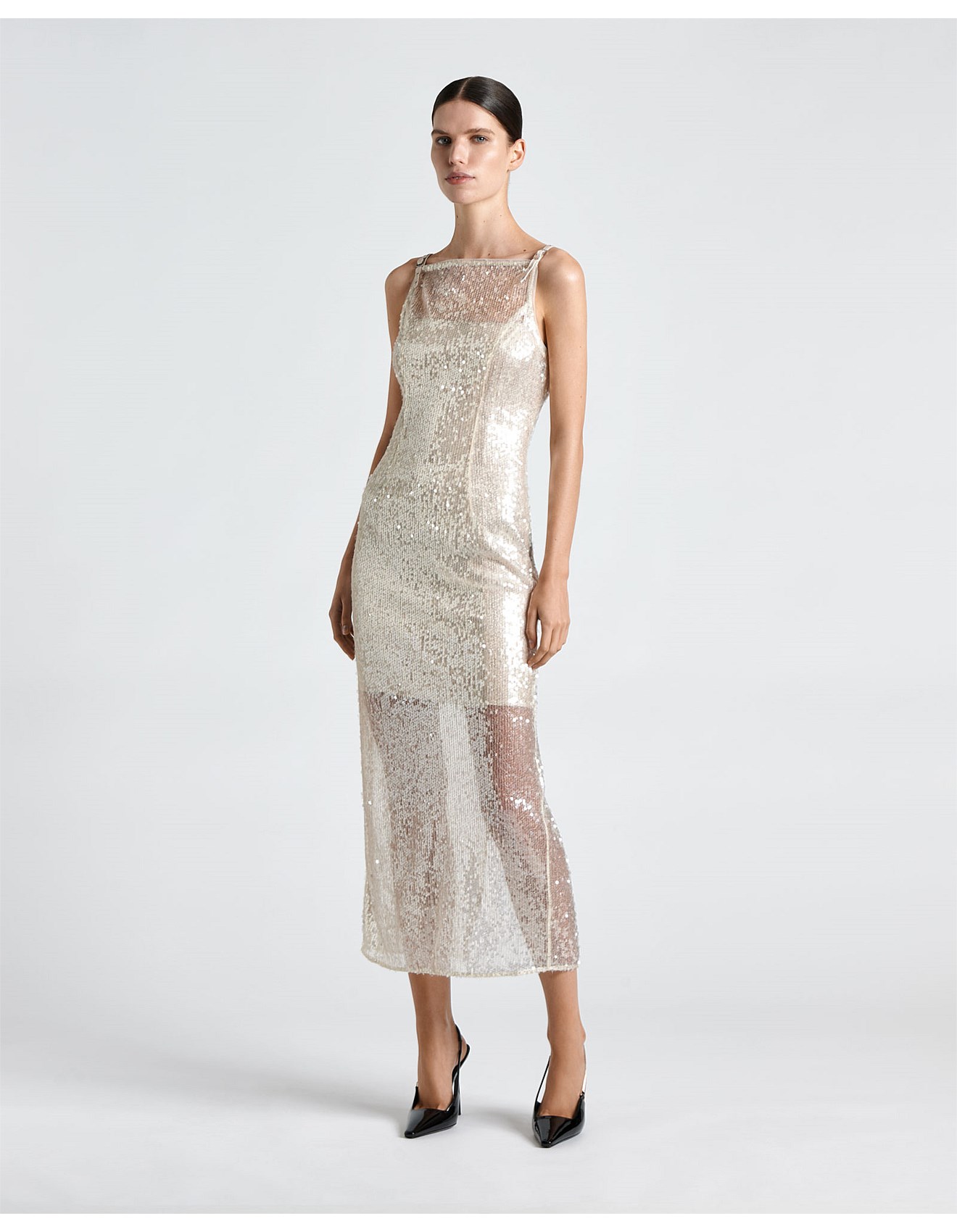Cue Translucent Sequin Column Dress | David Jones