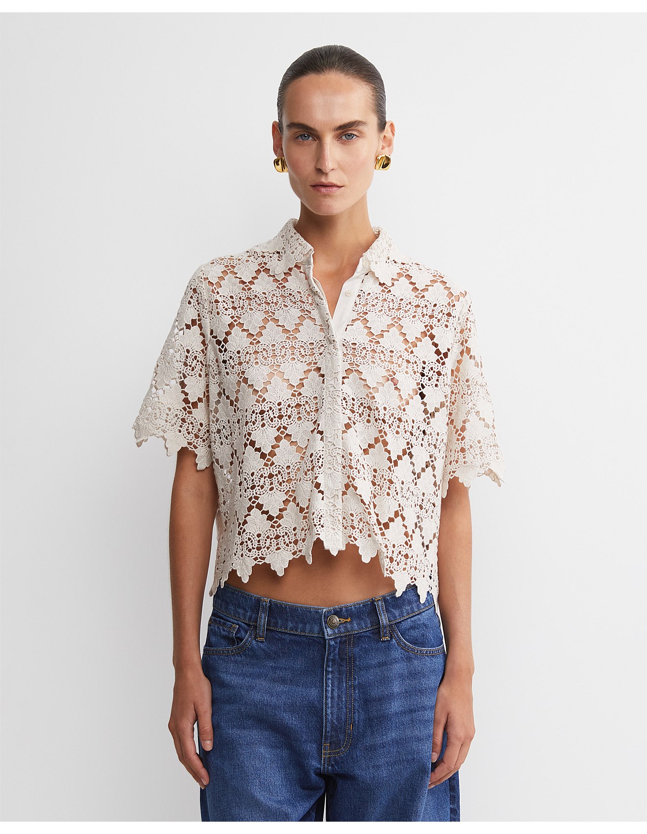 Sportscraft Ariana Lace Cropped Shirt Chalk | David Jones