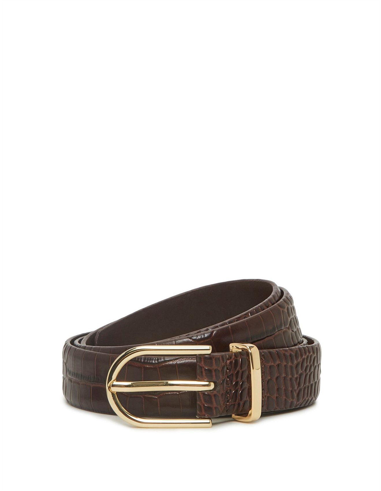 Milana Burgundy Croc Embossed Leather Belt With Gold Buckle | David Jones