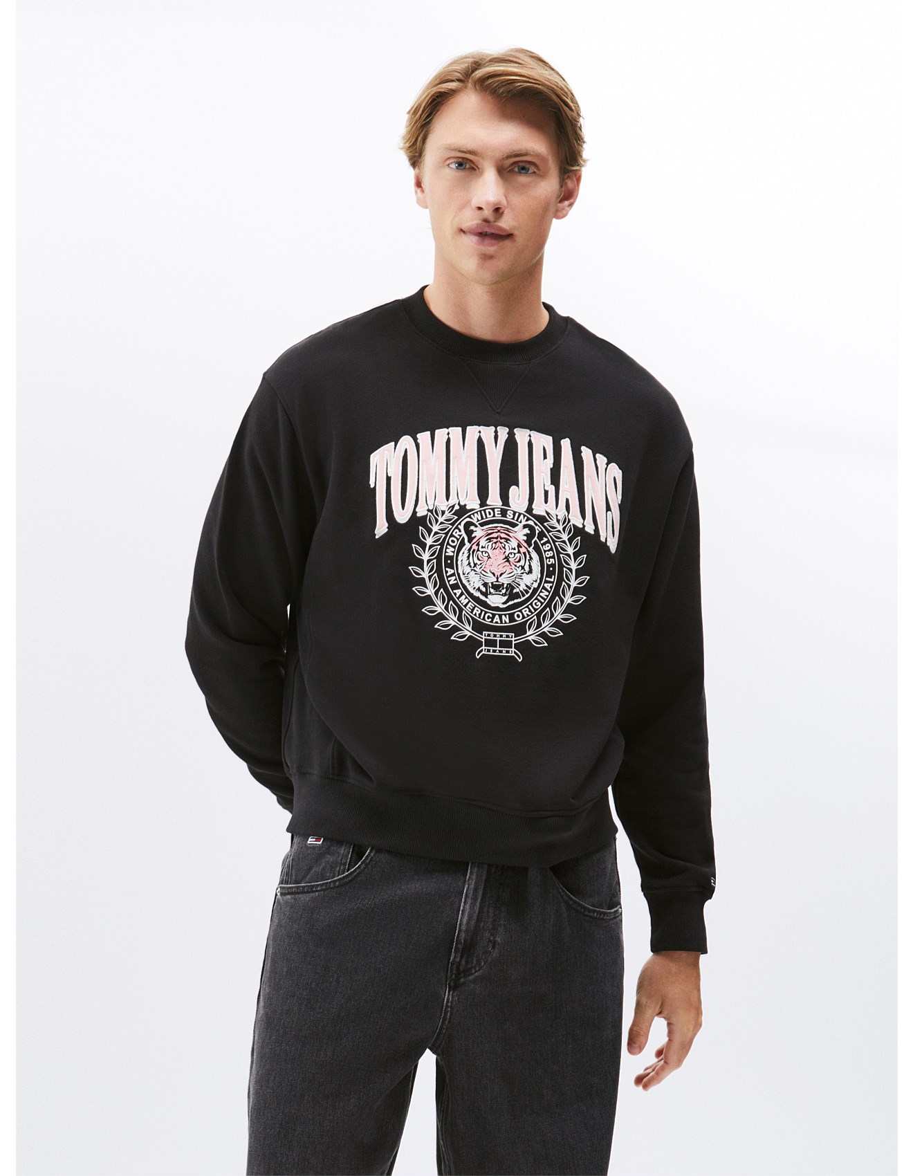 Tommy Jeans Relaxed Varsity Tiger Crew Neck Sweater Black | David Jones