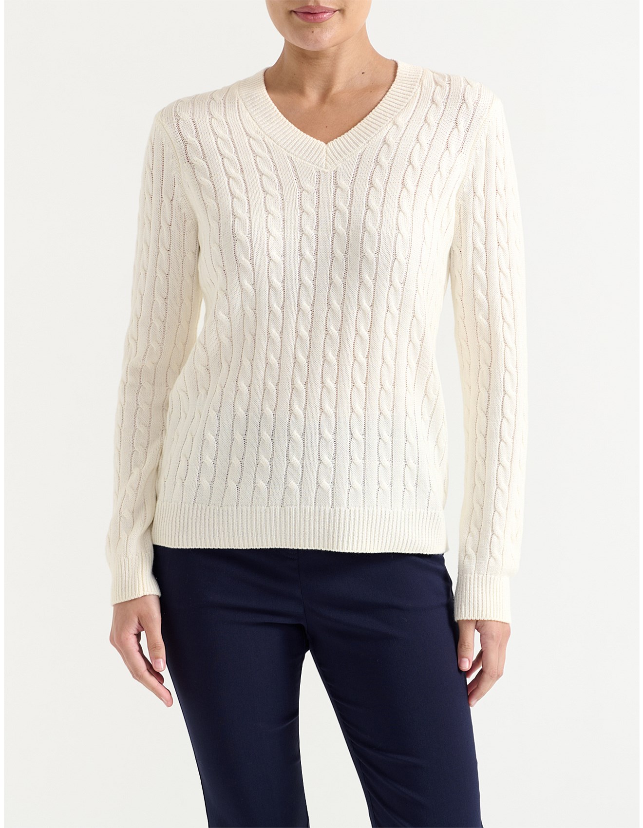 David Jones Collection Merino Cotton V-neck Cable | David Jones