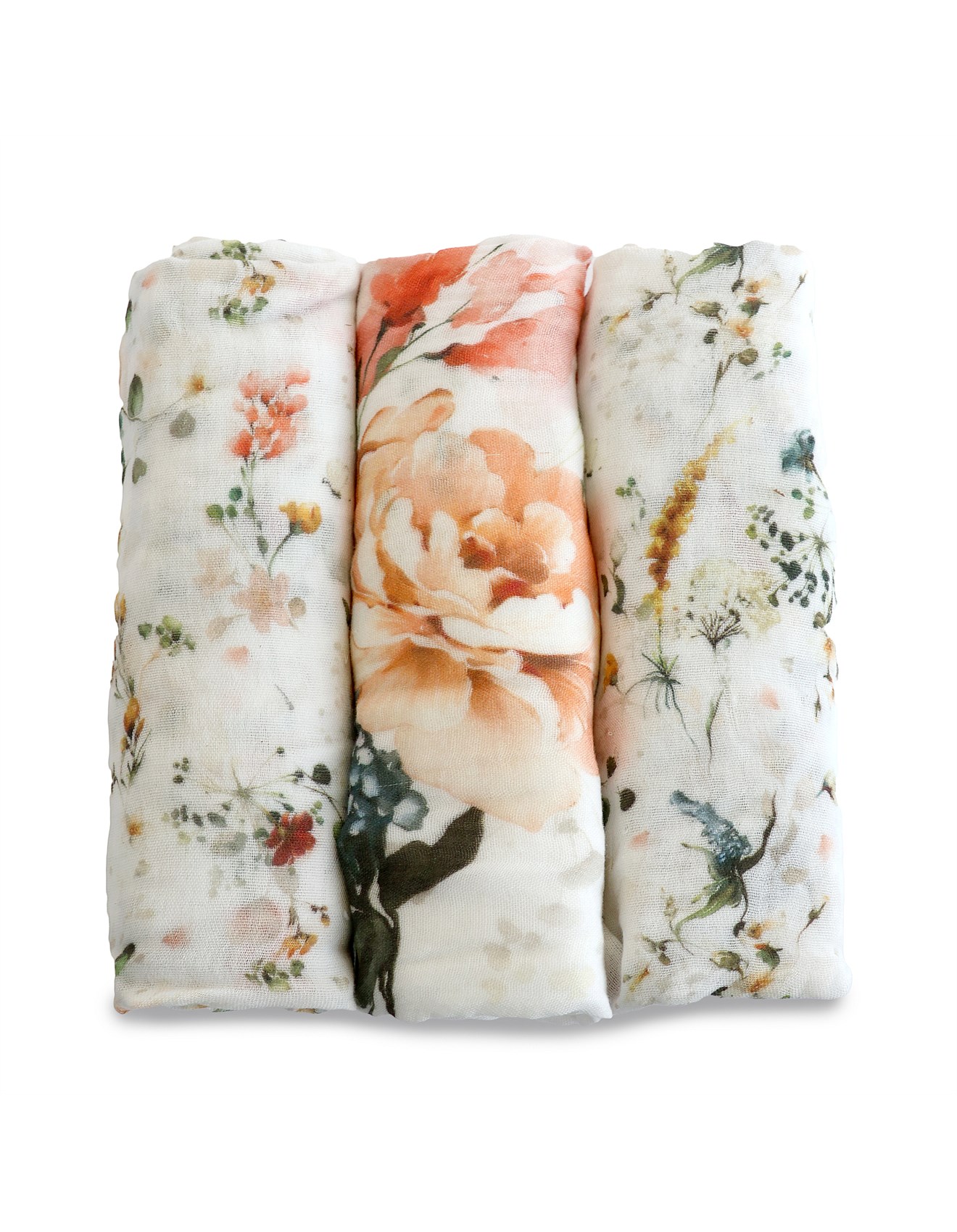 Bubba Blue Peonies Bamboo 3pk Muslin Wraps | David Jones