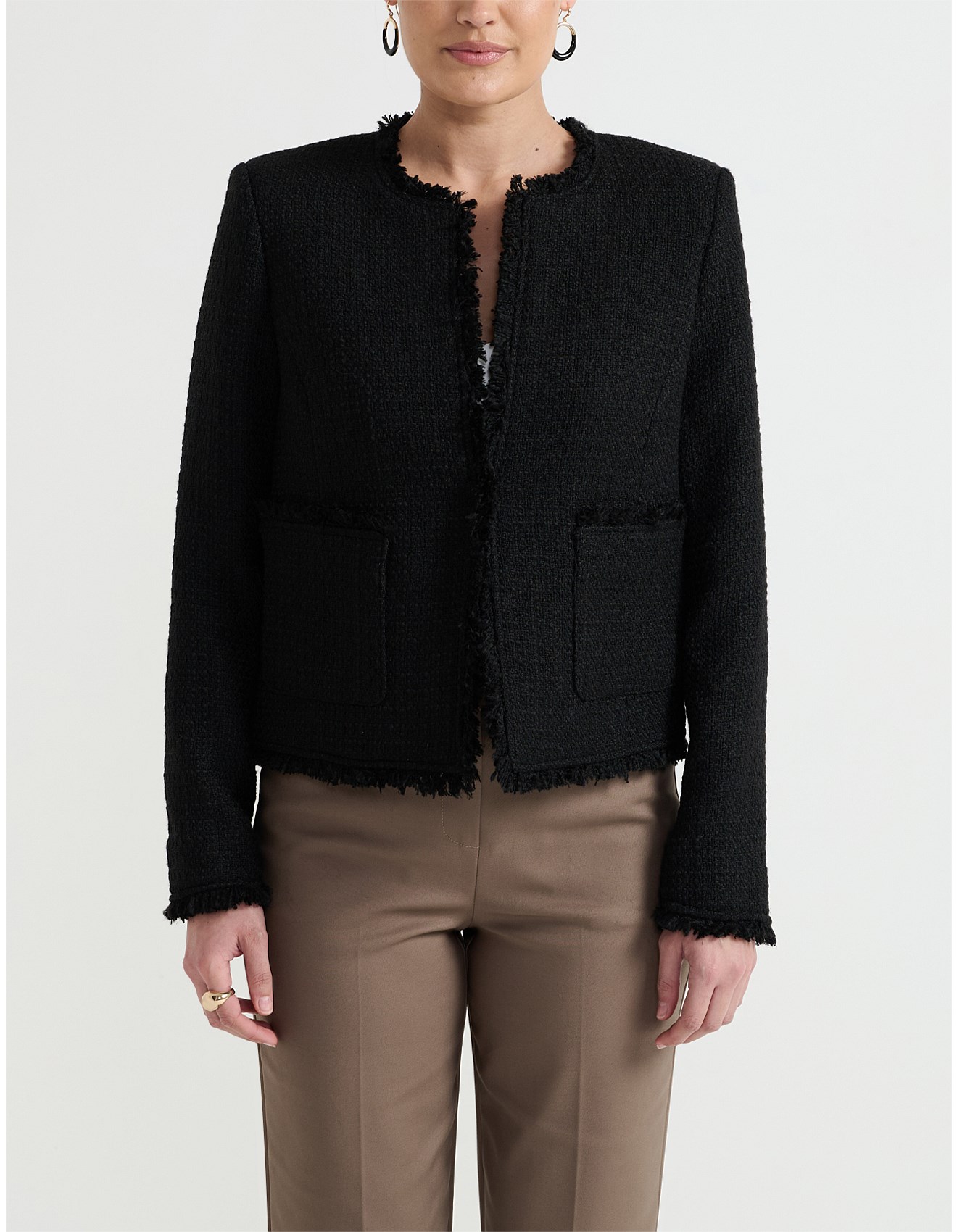 David Jones Collarless Fringed Jacket | David Jones