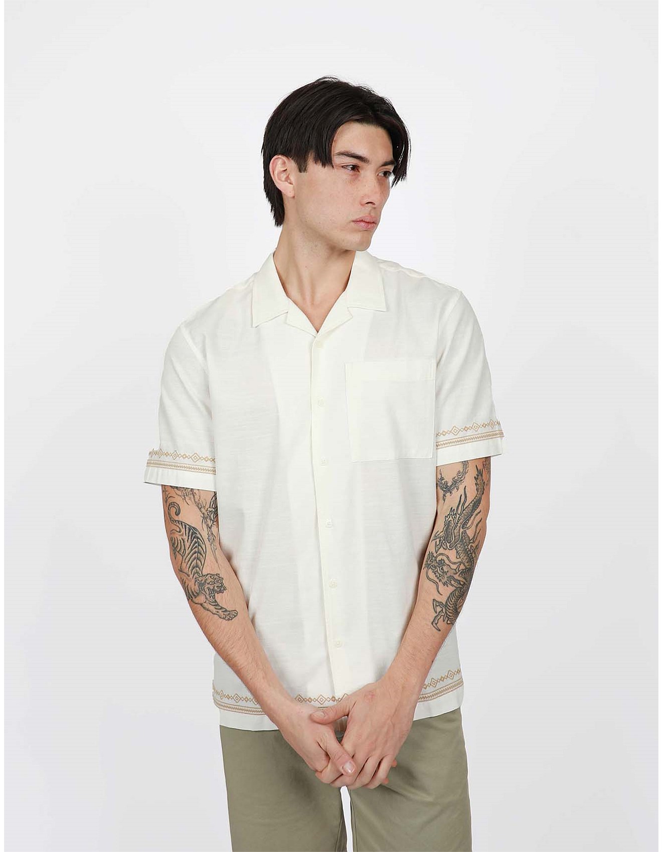 James Harper Short Sleeve Aztec Embroided Cuban Collar Cotton Shirt ...