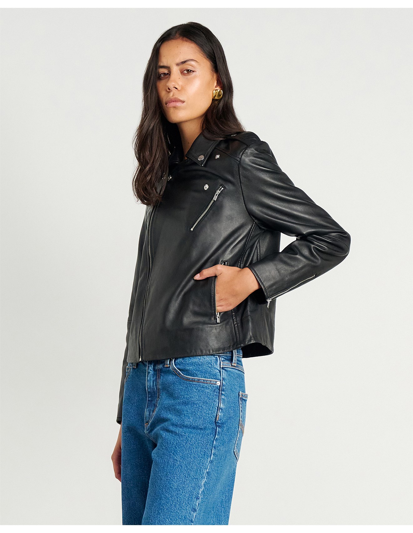 Jag Leather Biker Jacket With Zip Front Closure and Zip Cuffs | David Jones