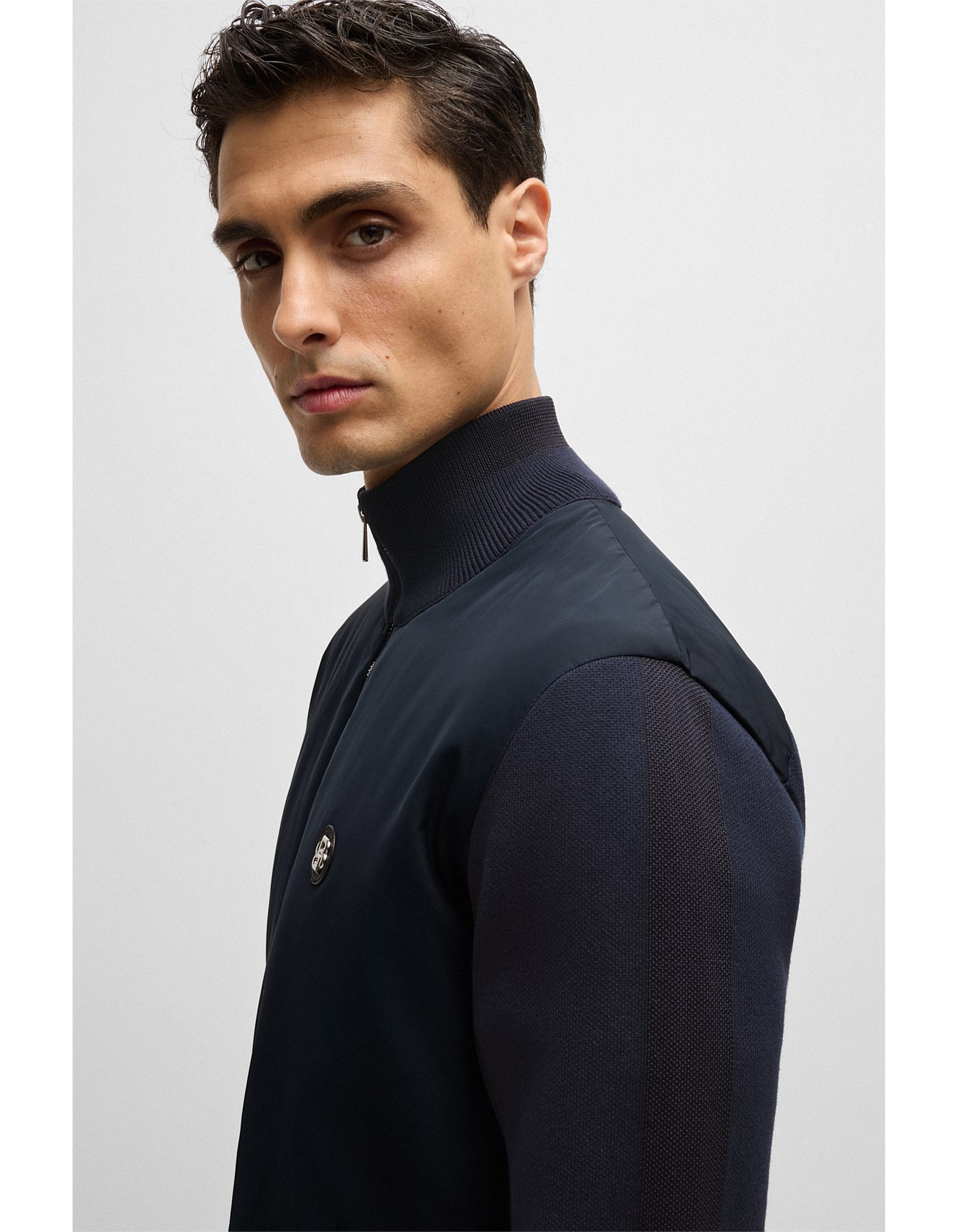 Boss Mixed-material Zip-up Jacket With Double-monogram Badge | David Jones