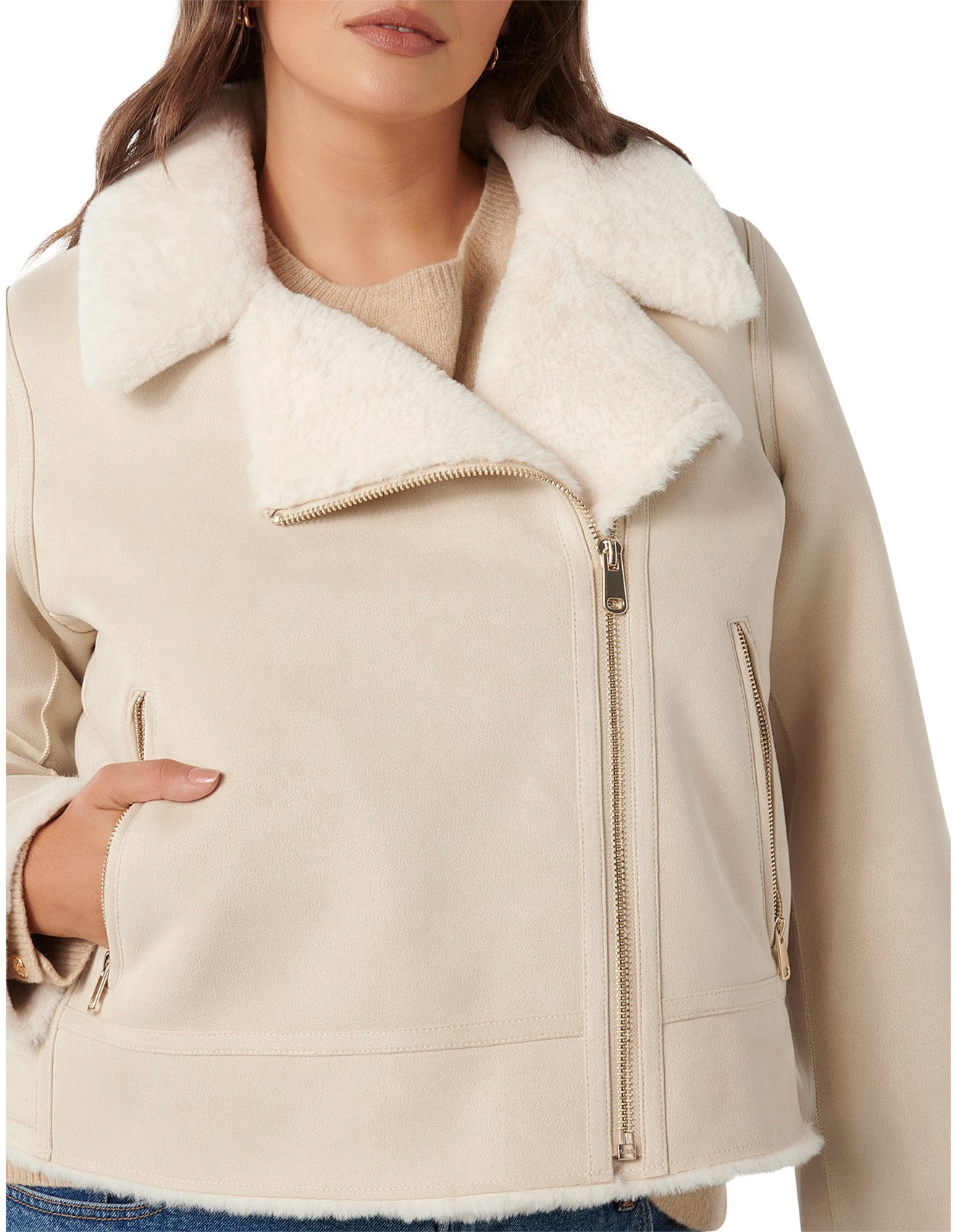 Forever New Montana Curve Faux Fur Aviator Jacket | David Jones