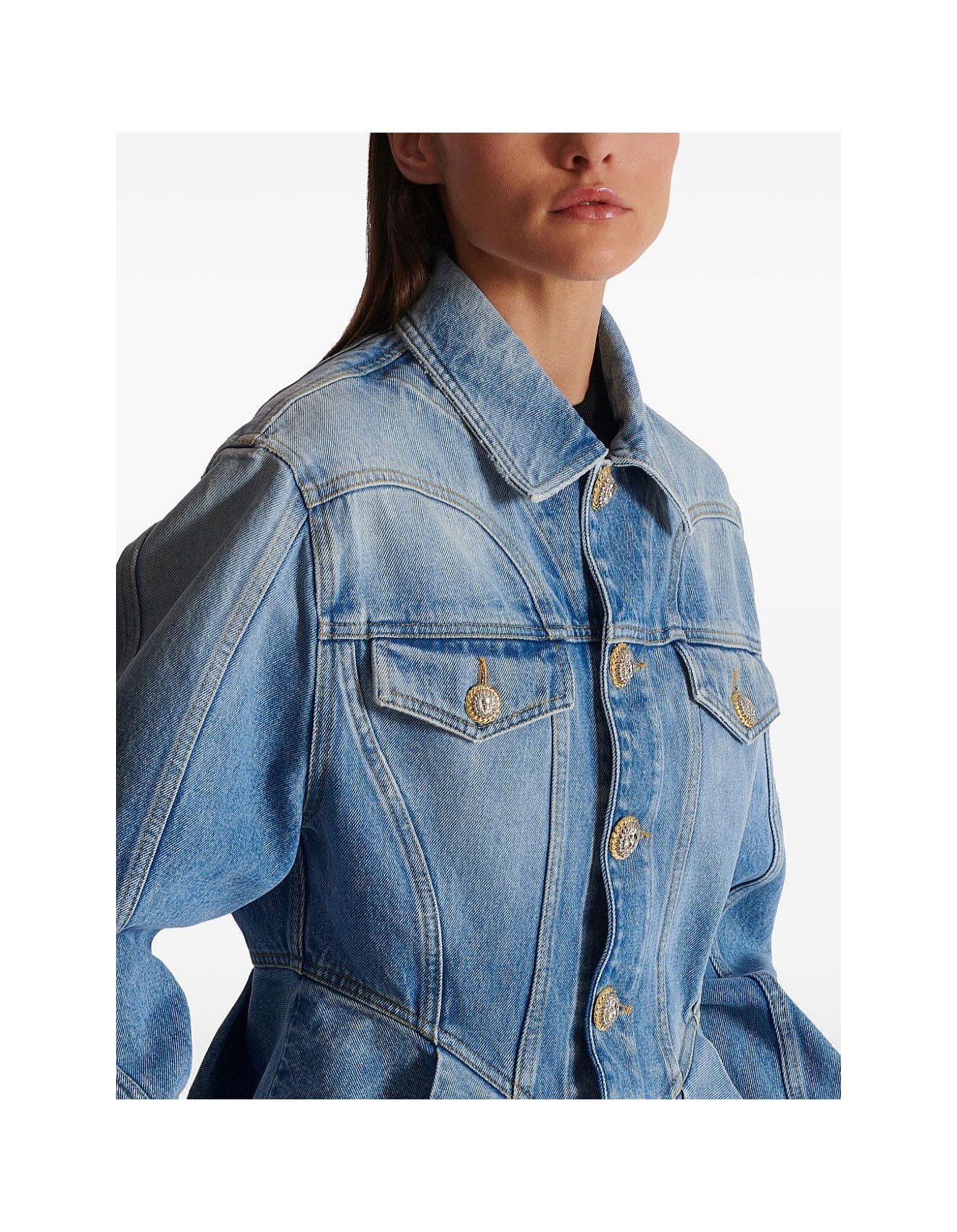 Balmain Buttoned Light Blue Ruffled Denim Jacket | David Jones