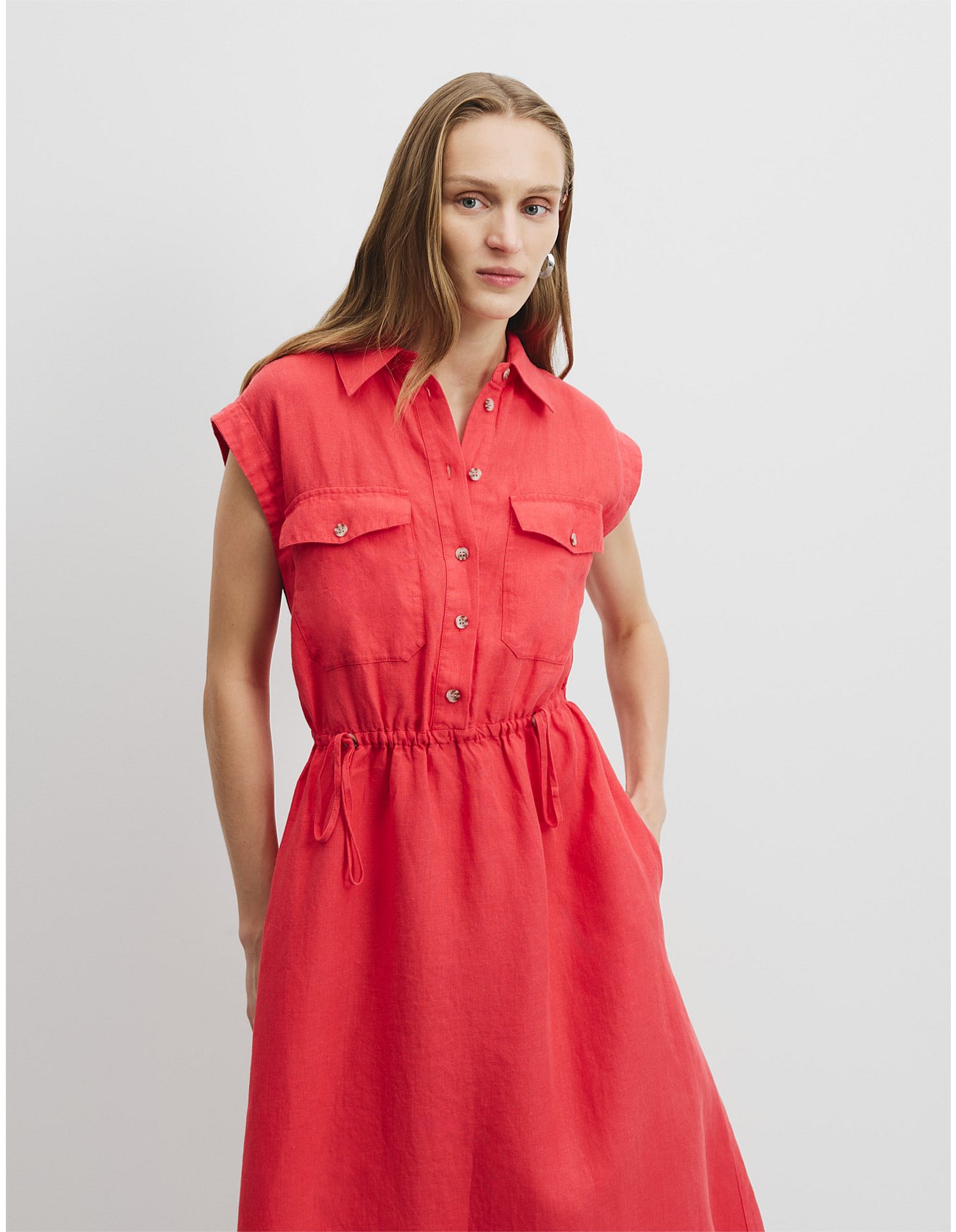 Country Road Organically Grown Linen Cinched Midi Dress | David Jones
