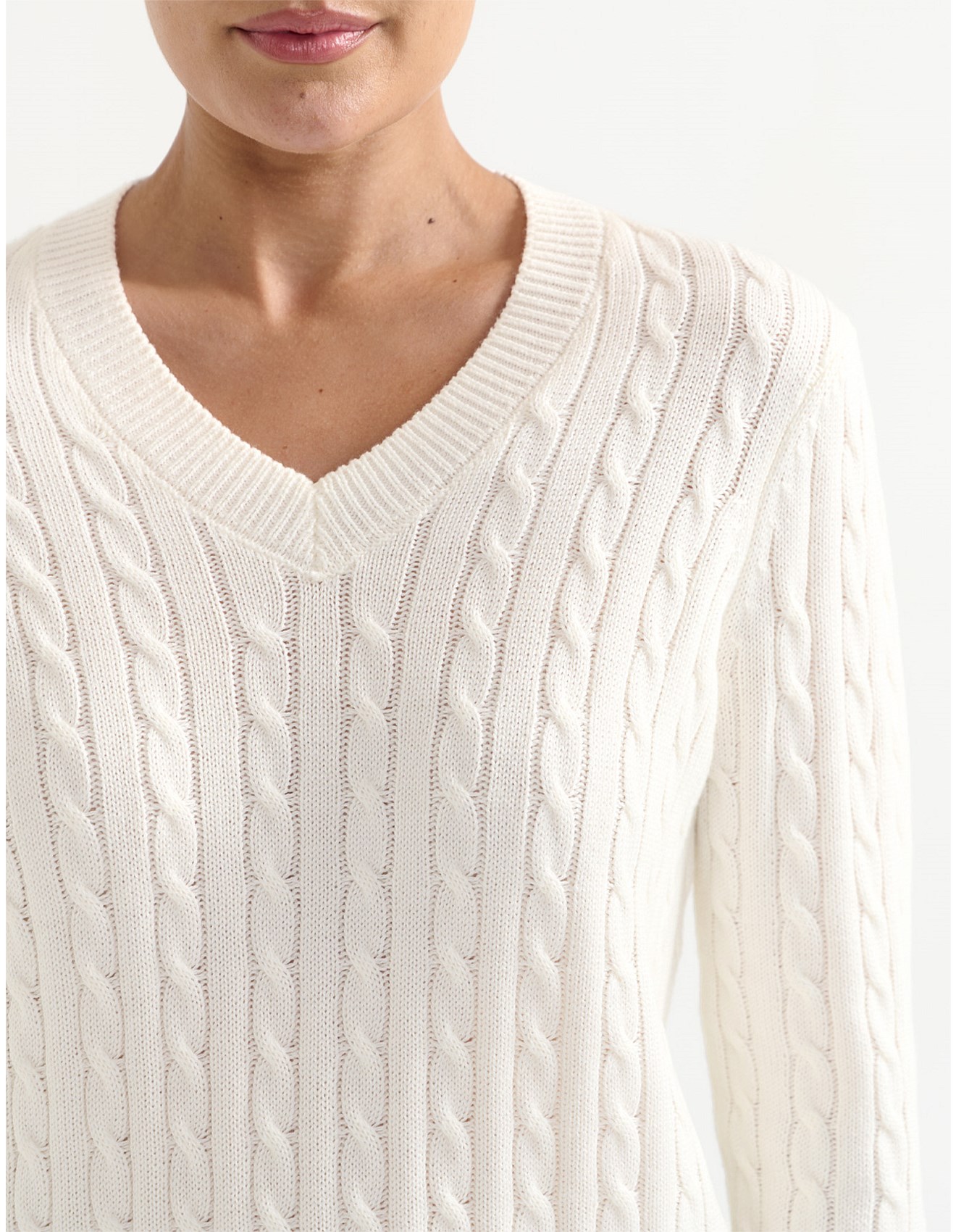 David Jones Collection Merino Cotton V-neck Cable | David Jones