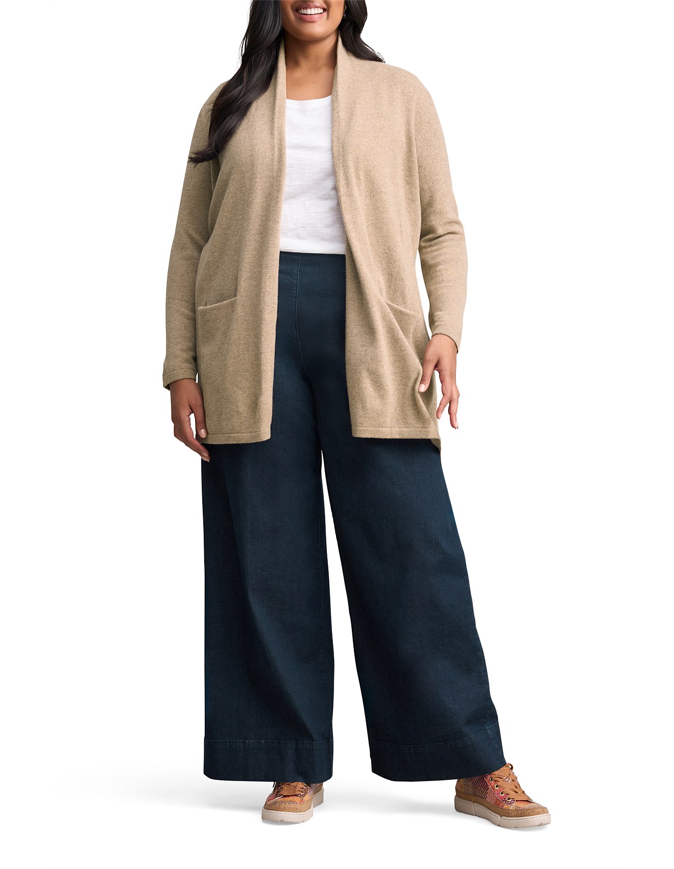 Blue Illusion Long Line Wool Cardigan -Taupe Marle | David Jones