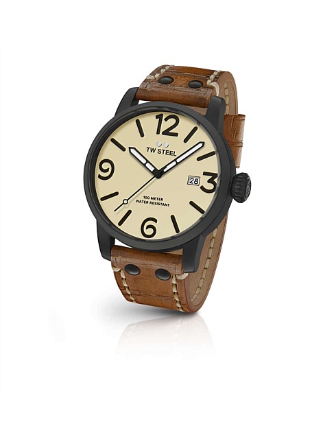 Tw Steel Maverick, 45mm, Pvd Black, Cream Dial, Brown Leather Strap, | David Jones