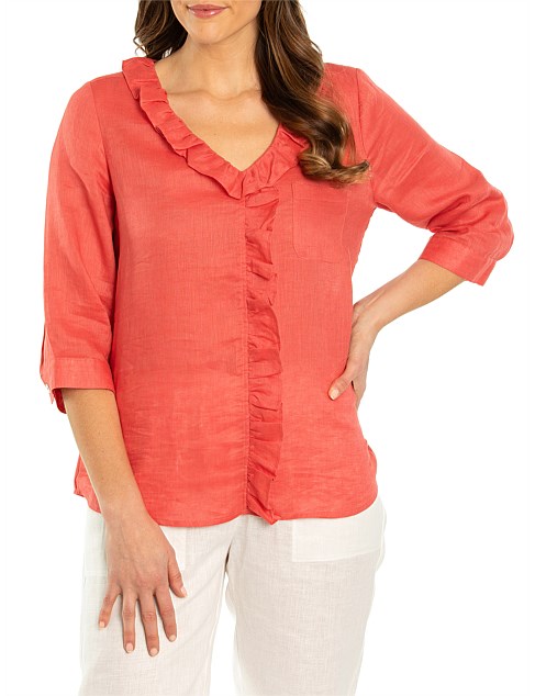 Women's Long Sleeve Tops & T-Shirts | David Jones - Ruffle Linen Shirt