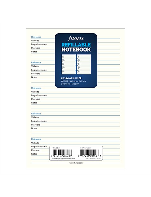 Filofax A5 Notebook Refill White Password 20 Pk | David Jones